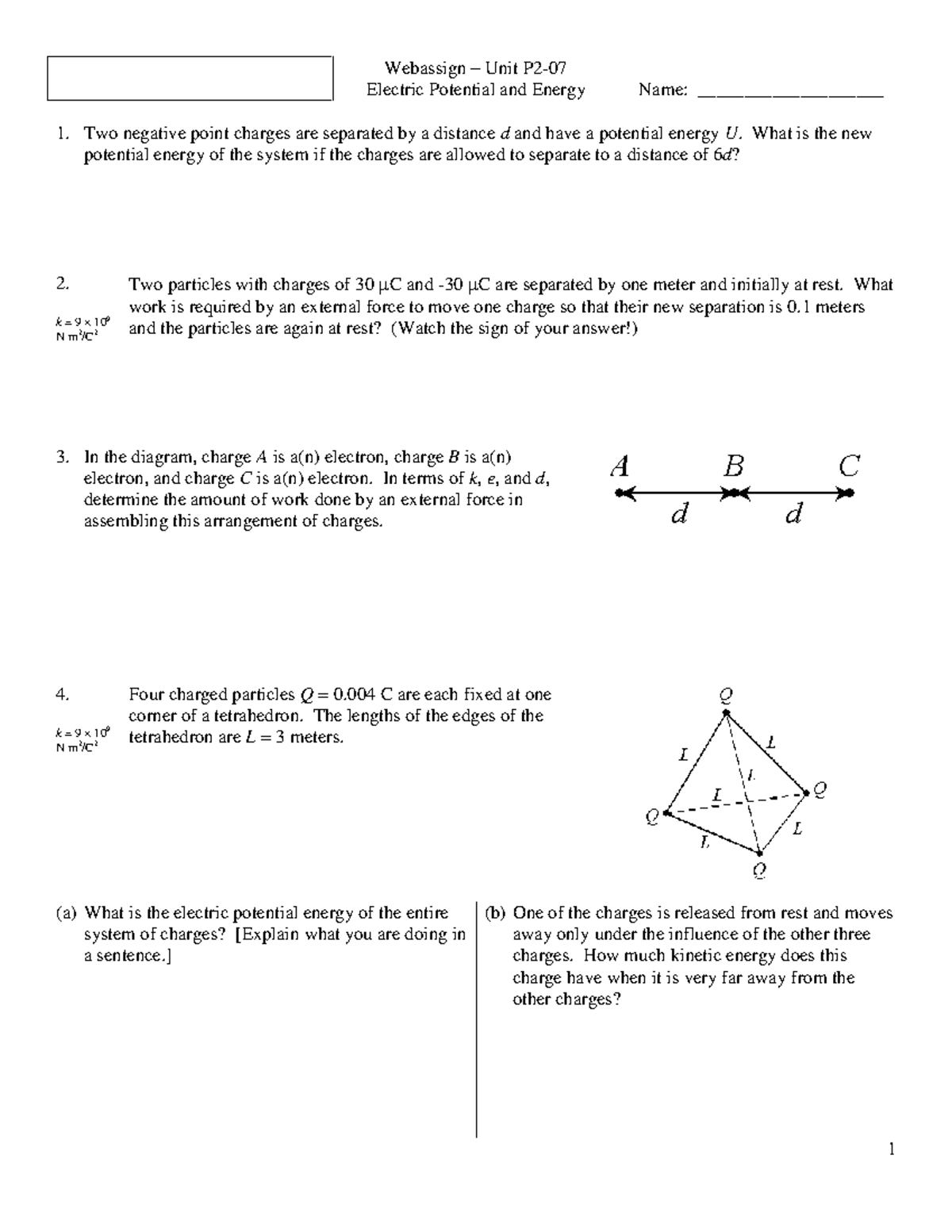Webassign - Unit P2-07 - Electric Potential and Energy with answers ...