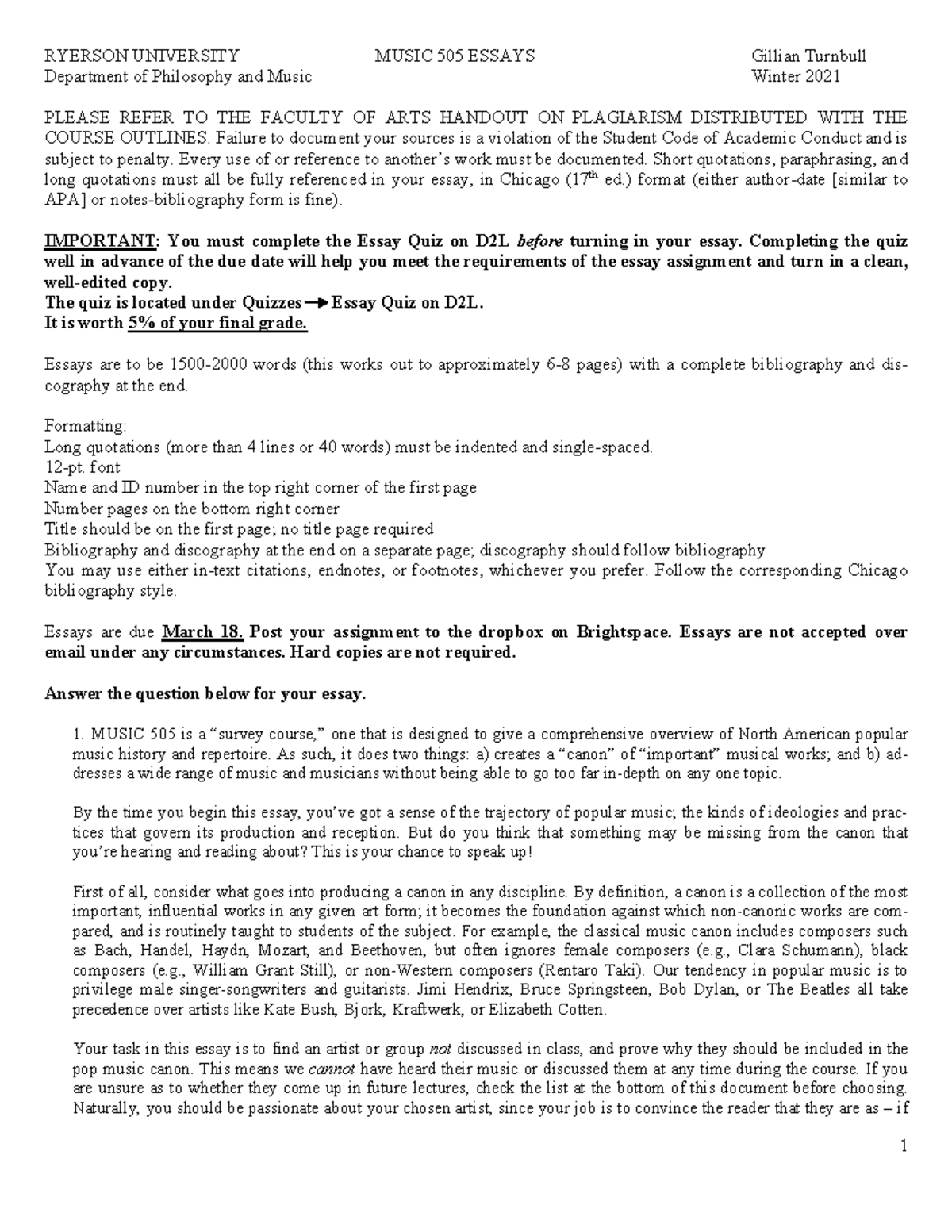 Essay Assignment - RYERSON UNIVERSITY MUSIC 505 ESSAYS Gillian Turnbull ...