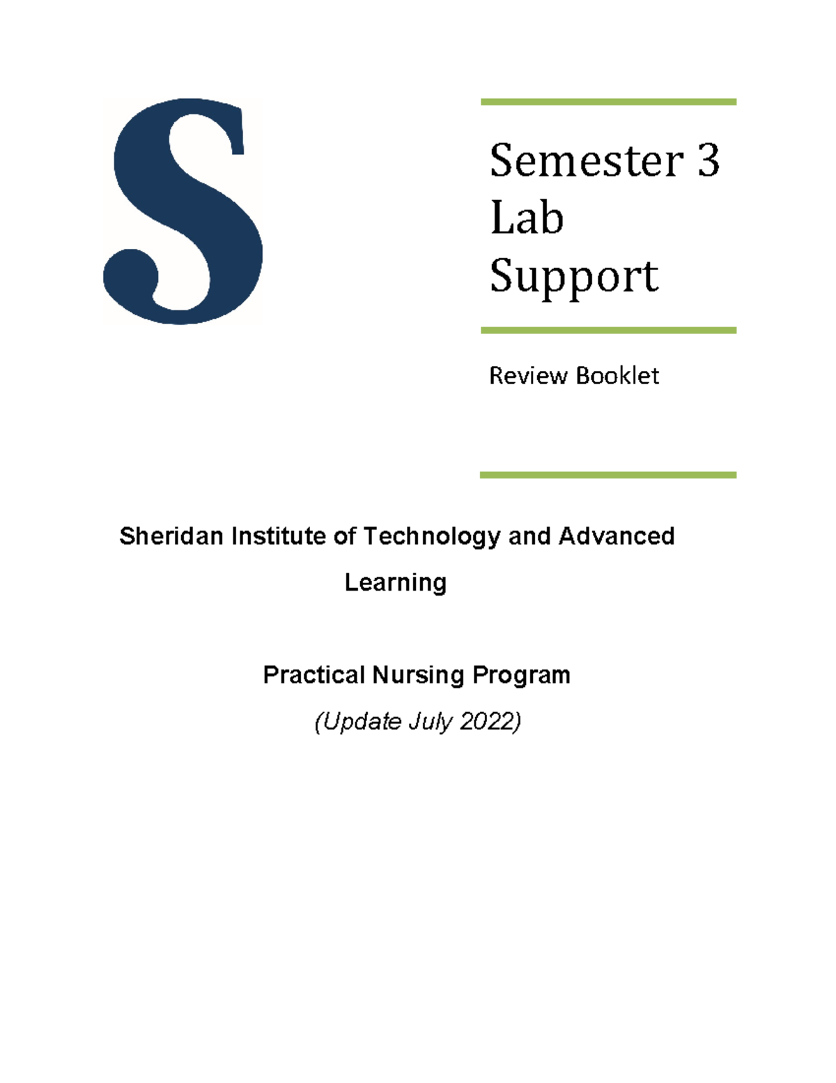 Lab 3 Support Booklet - Sheridan Institute of Technology and Advanced Learning Practical Nursing ...