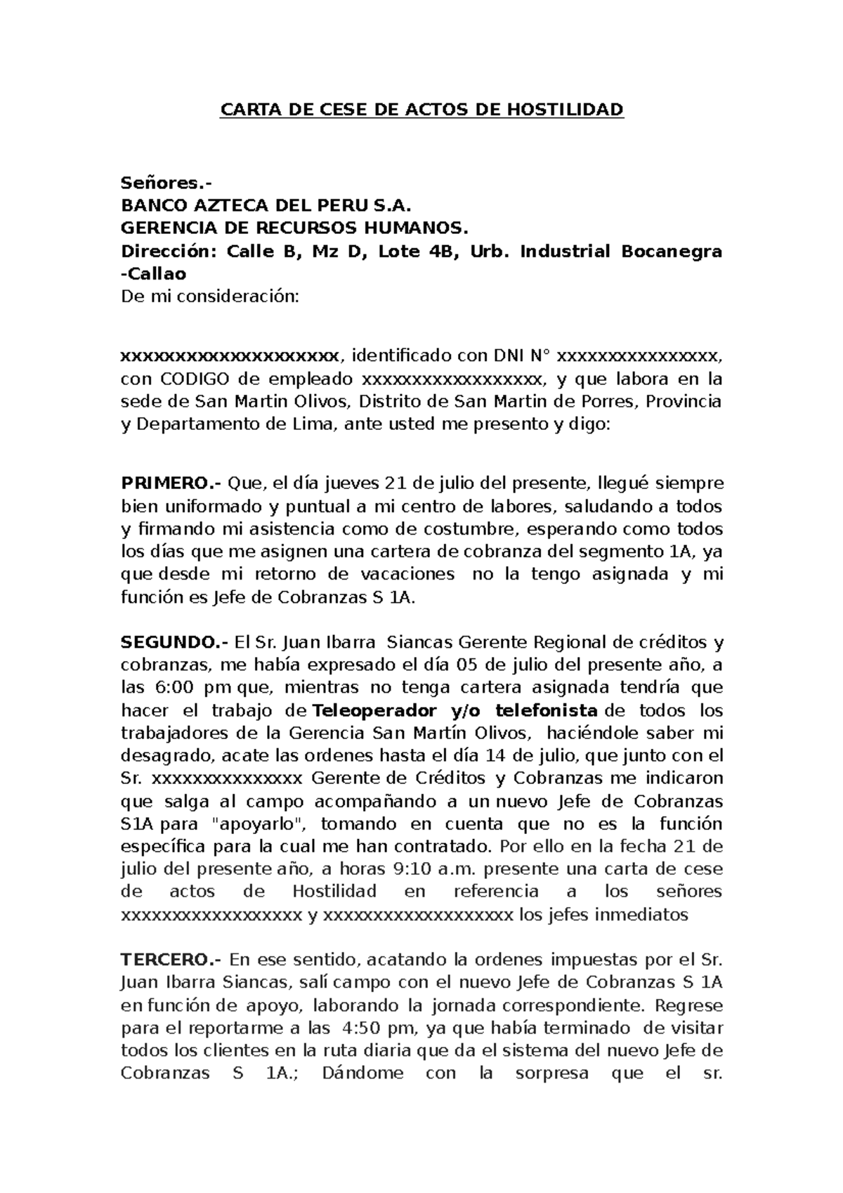 Carta DE CESE DE Actos DE Hostilidad - Derecho Administrativo - UPN ...