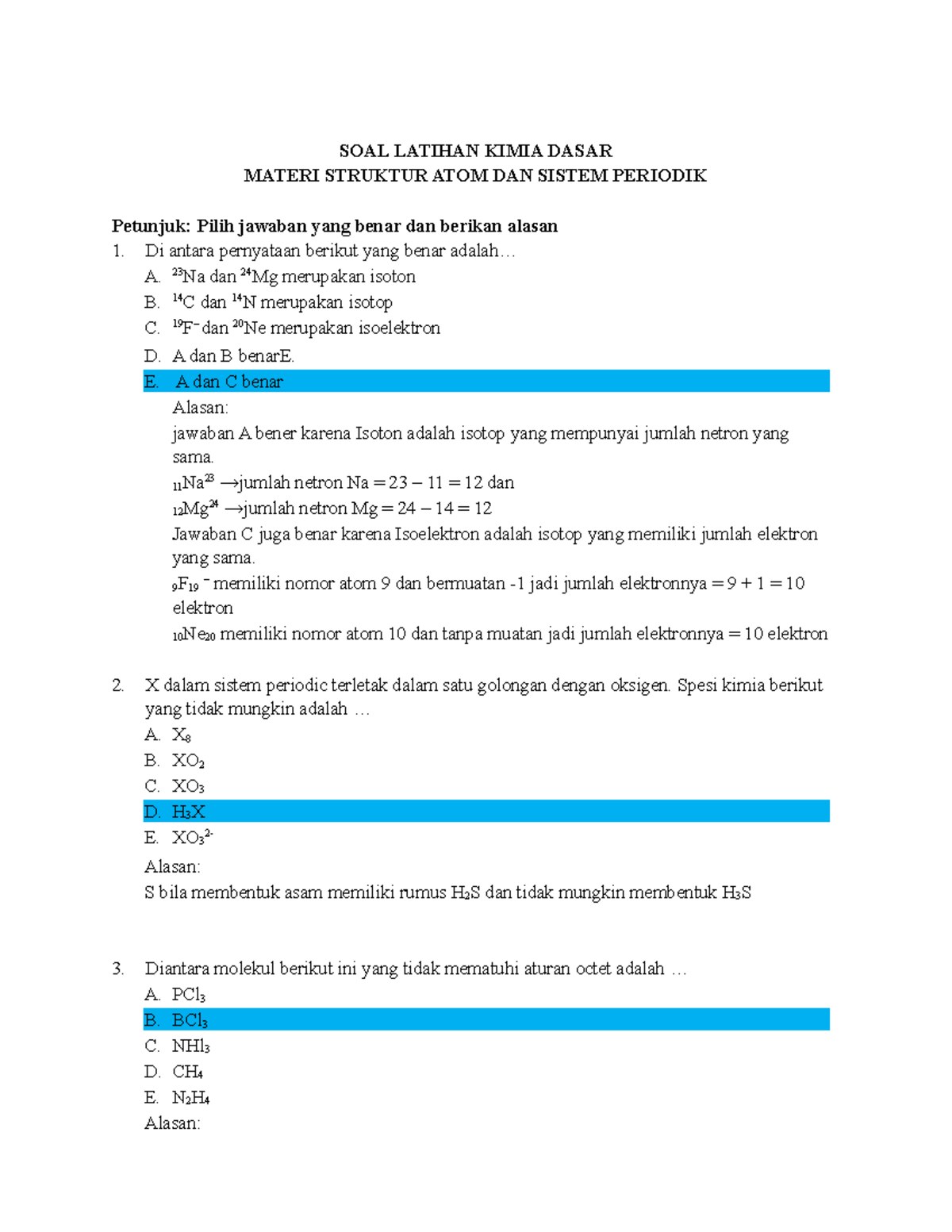 LKM Struktur Atom dan Sistem Periodik - SOAL LATIHAN KIMIA DASAR MATERI STRUKTUR ATOM DAN SISTEM ...