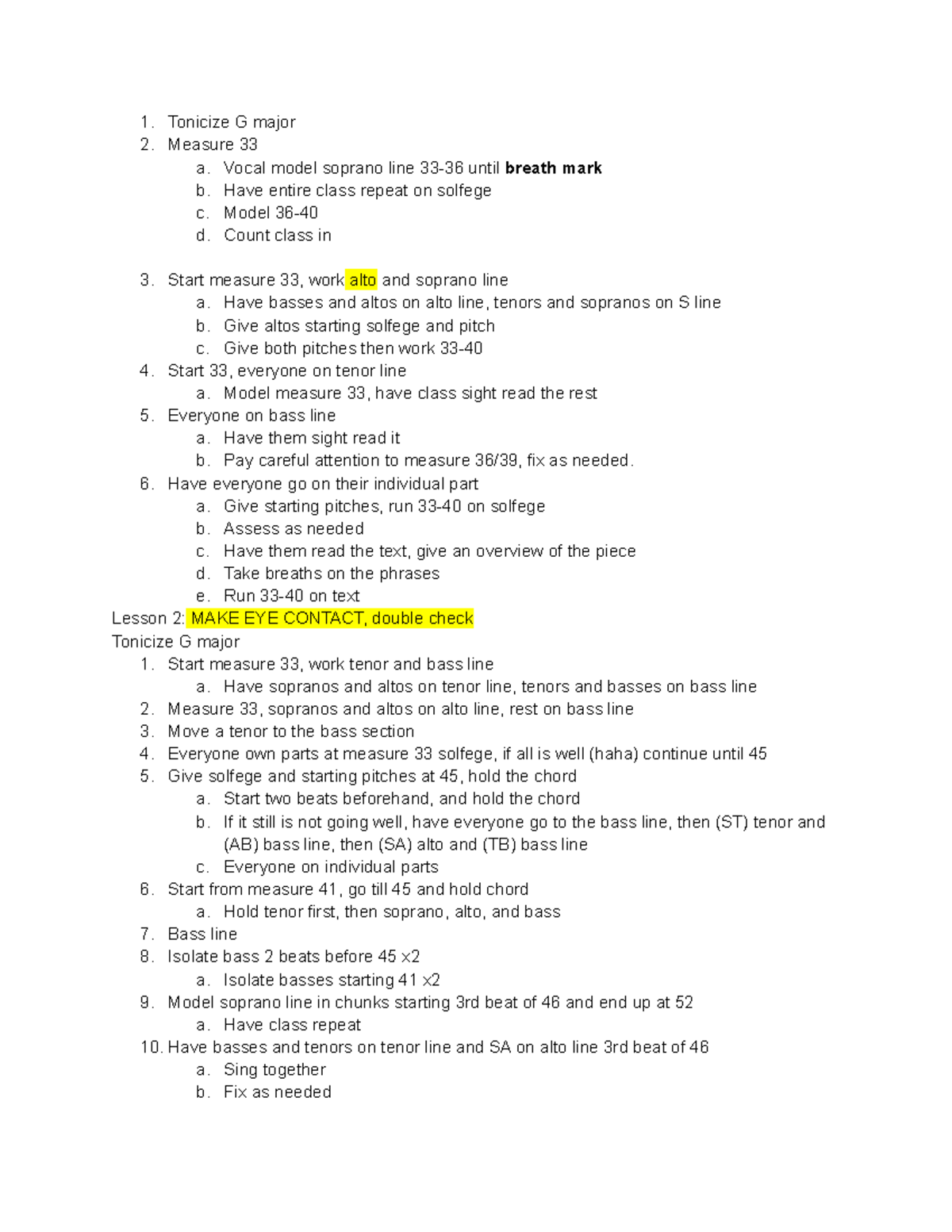 Choral Lesson plan- all is well - Tonicize G major Measure 33 a. Vocal ...