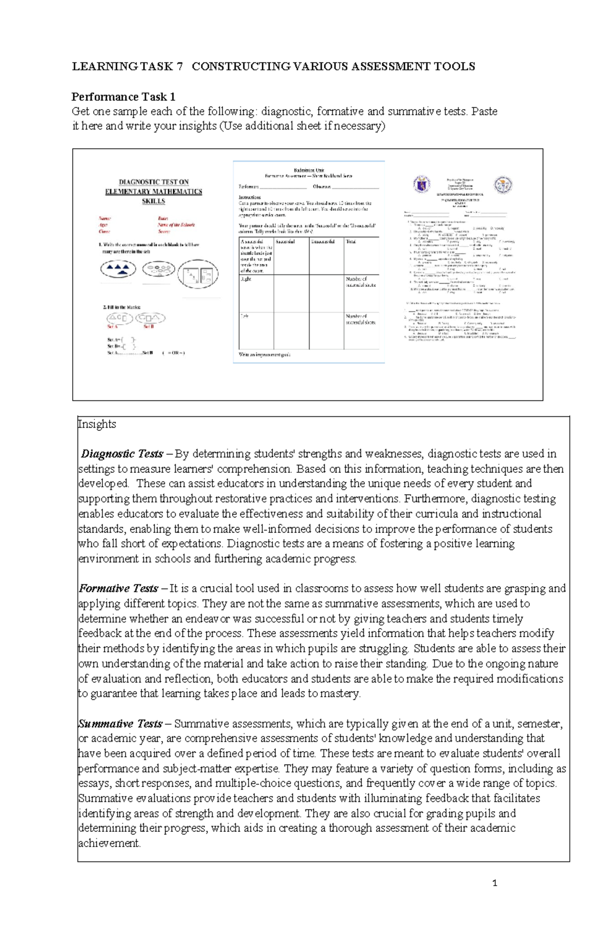 Learning TASK-7 - LEARNING TASK 7 CONSTRUCTING VARIOUS ASSESSMENT TOOLS Performance Task 1 Get ...