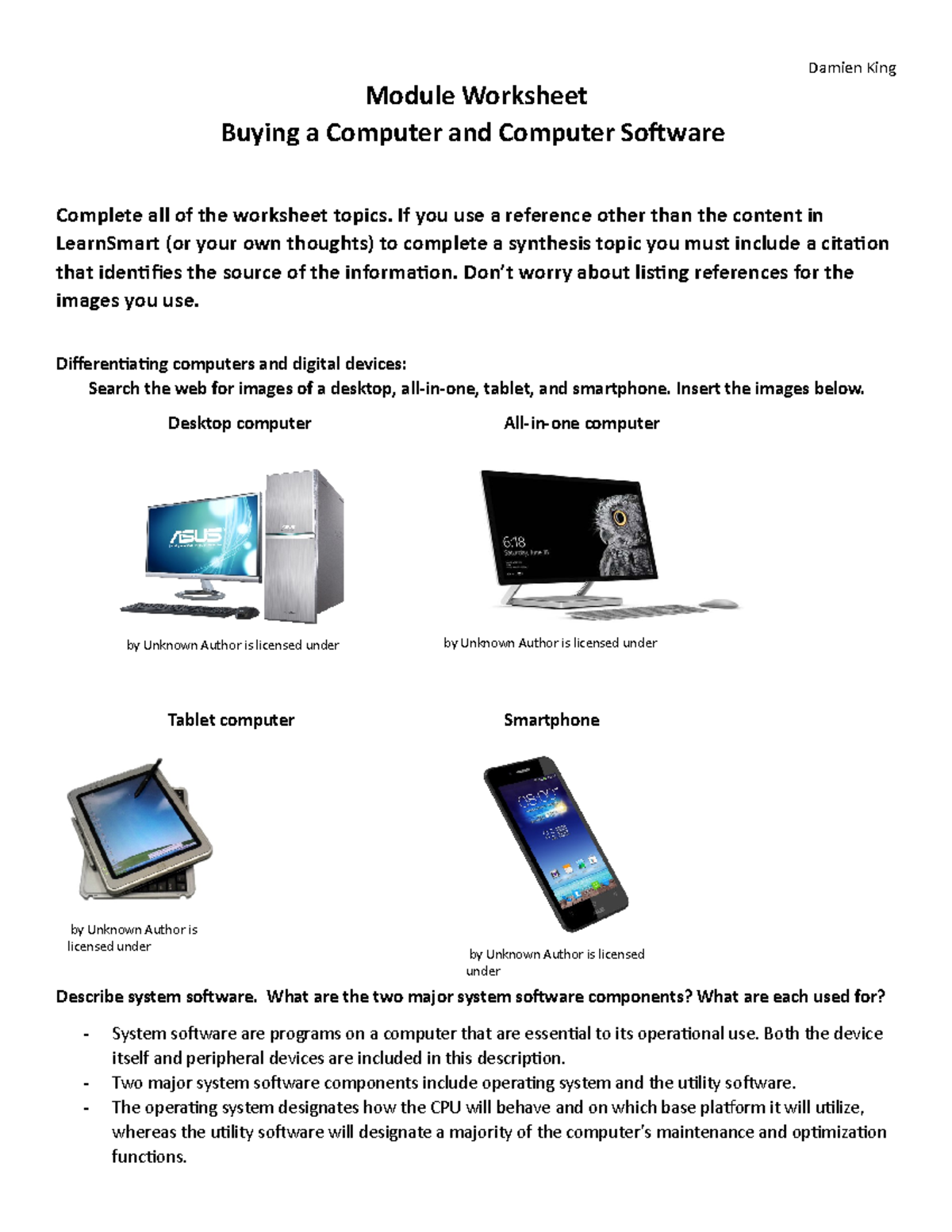 Investigating Technology Module Worksheet Buying a Computer and ...