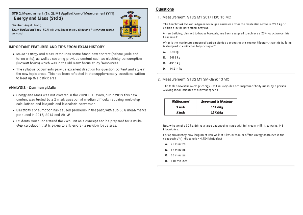 Ch13 HSC Energy and Mass - STD 2: Measurement (Std 2), M1 Applications ...