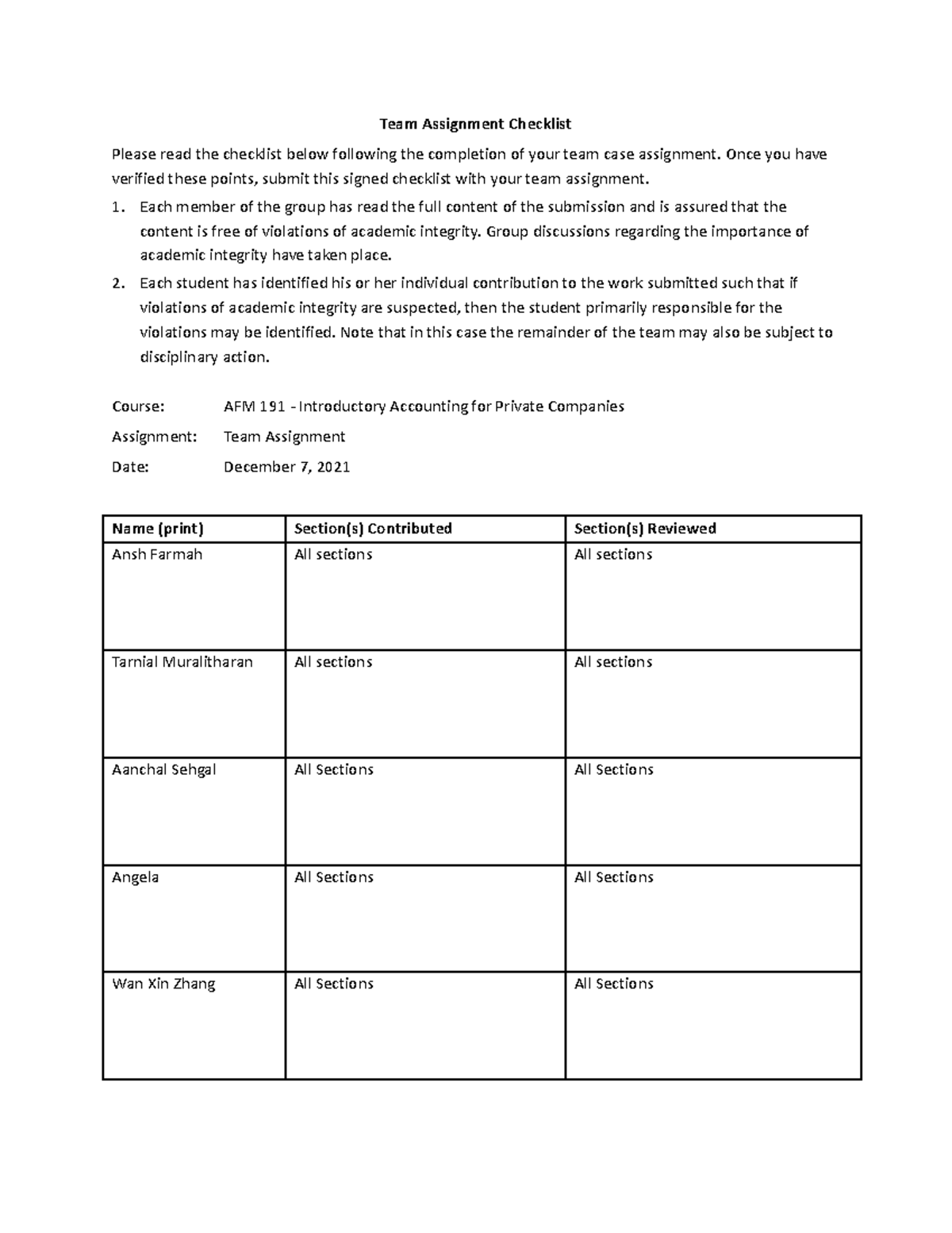 191 Team Assignment Checklist - Team Assignment Checklist Please read ...