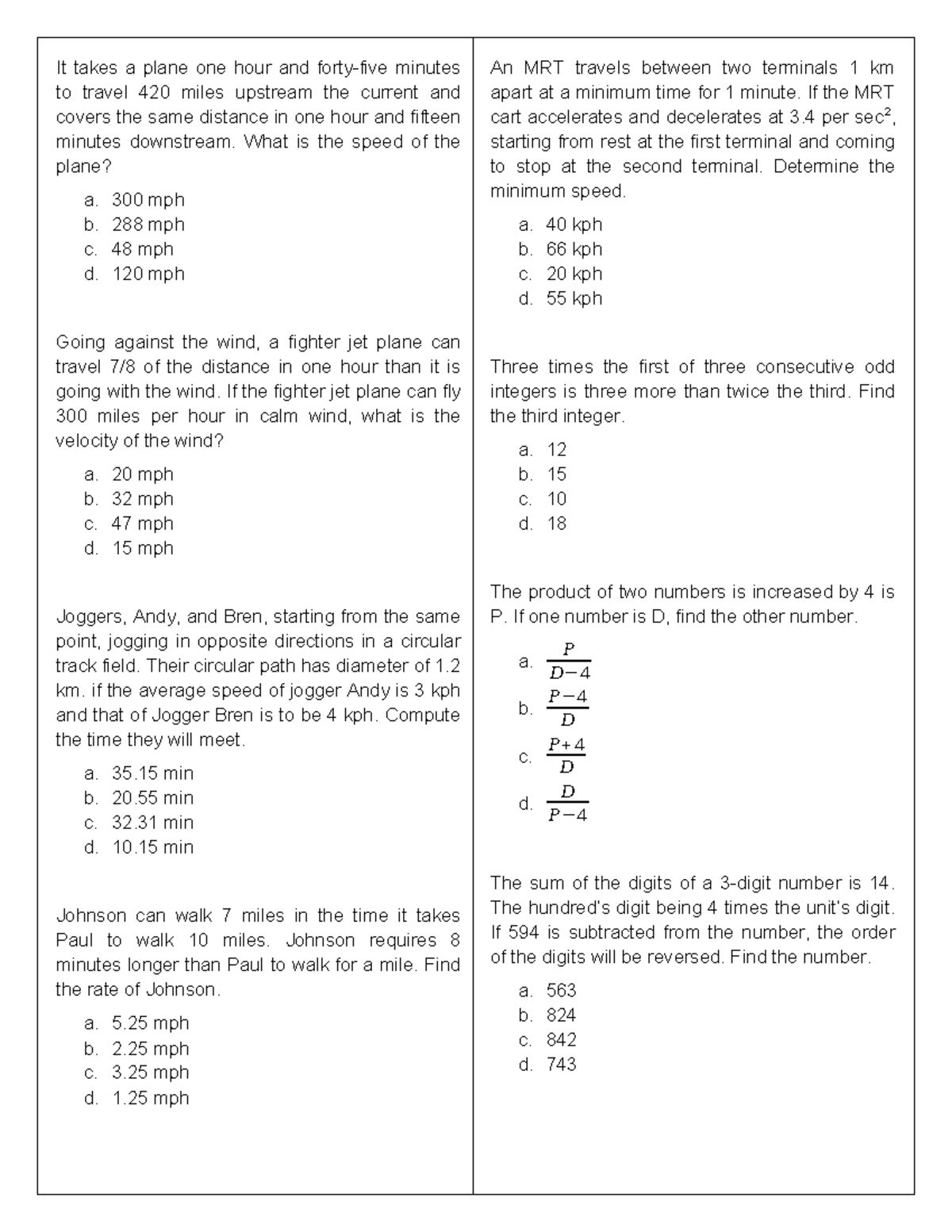 Algebra 3 - ..... - It takes a plane one hour and forty-five minutes to ...