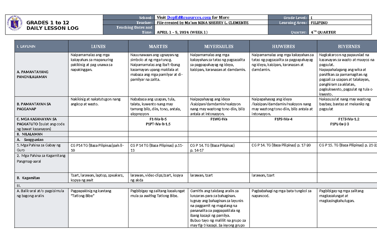 DLL Filipino-1 Q4 W1 - GRADES 1 to 12 DAILY LESSON LOG School: Visit ...