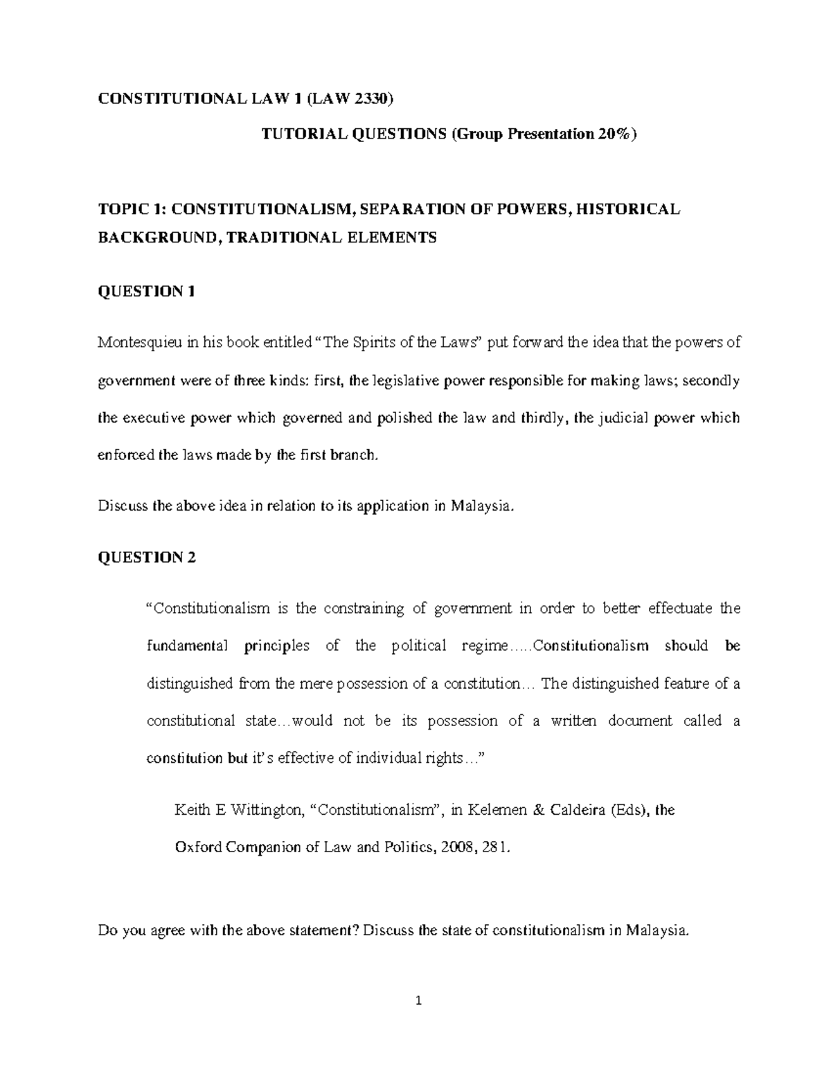 Constitutional LAW 1 Tutorial Questions - CONSTITUTIONAL LAW 1 (LAW 2 33 0) TUTORIAL QUESTIONS ...