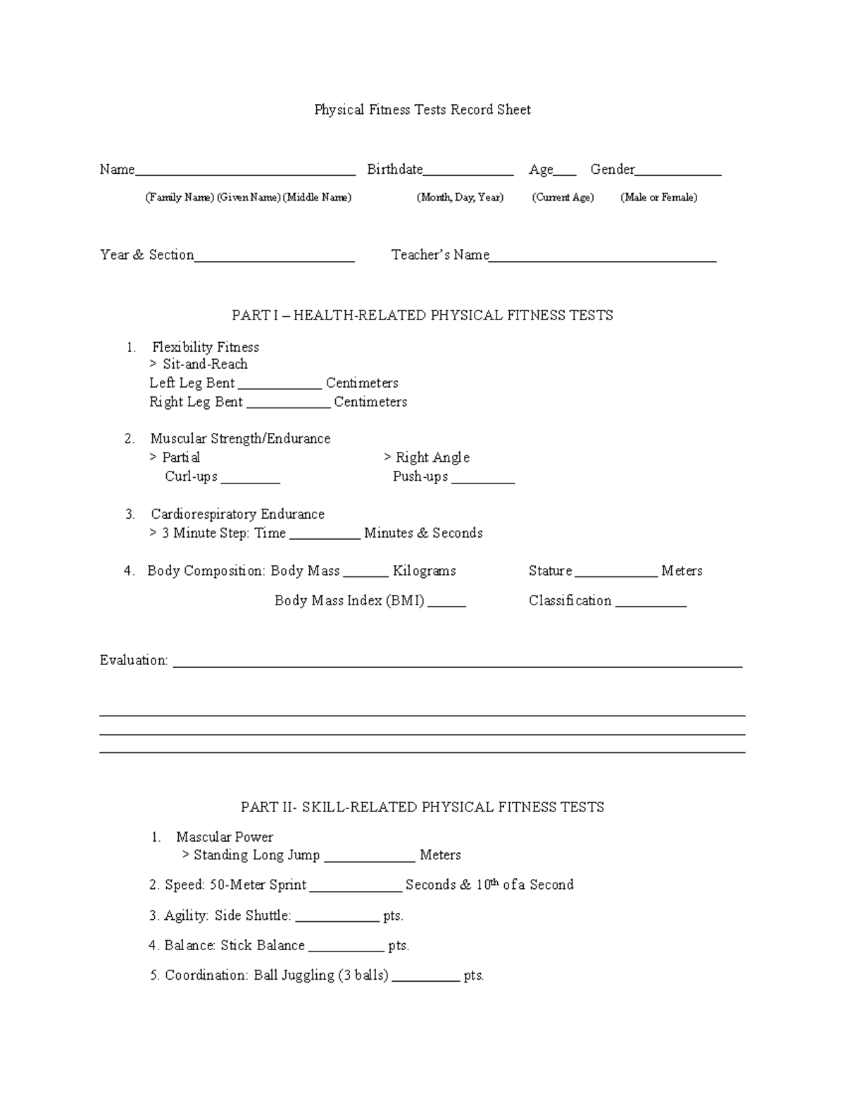 Physical Fitness Tests Record Sheet 1 - Flexibility Fitness > Sit-and ...