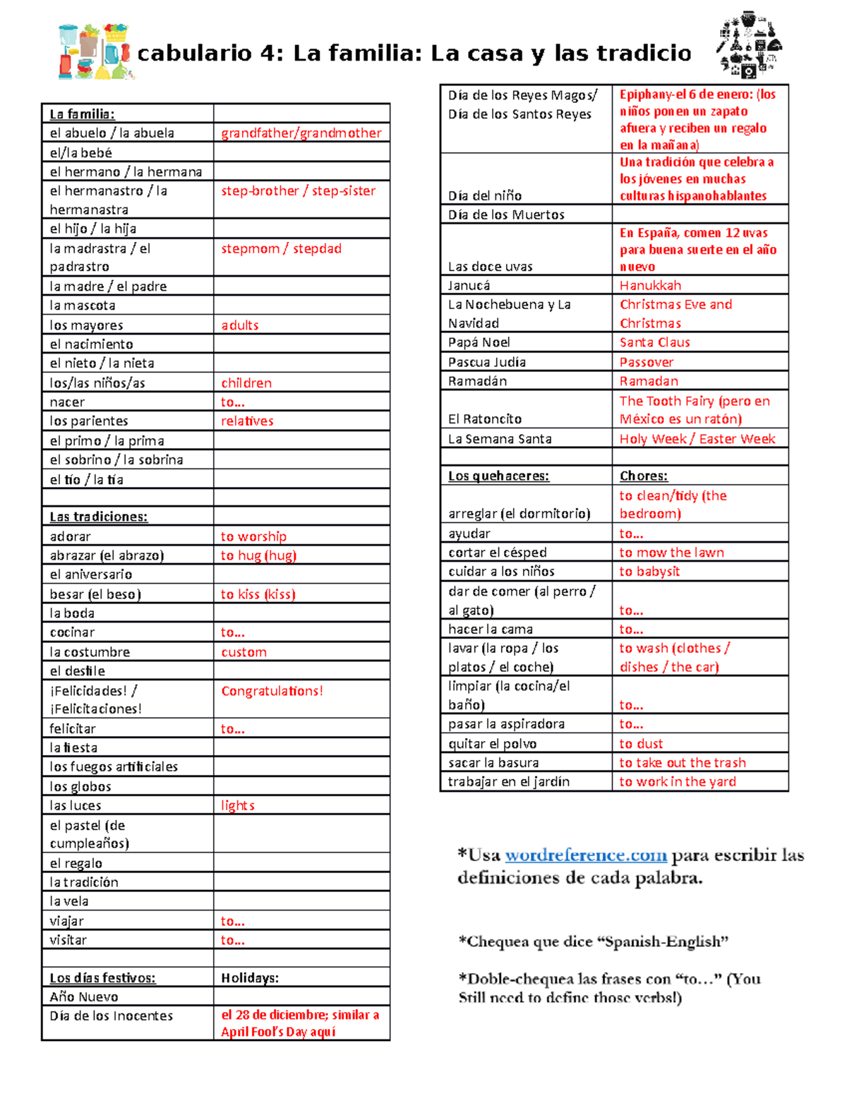 Spanish Vocabulario 4 - Vocabulario 4: La familia: La casa y las ...