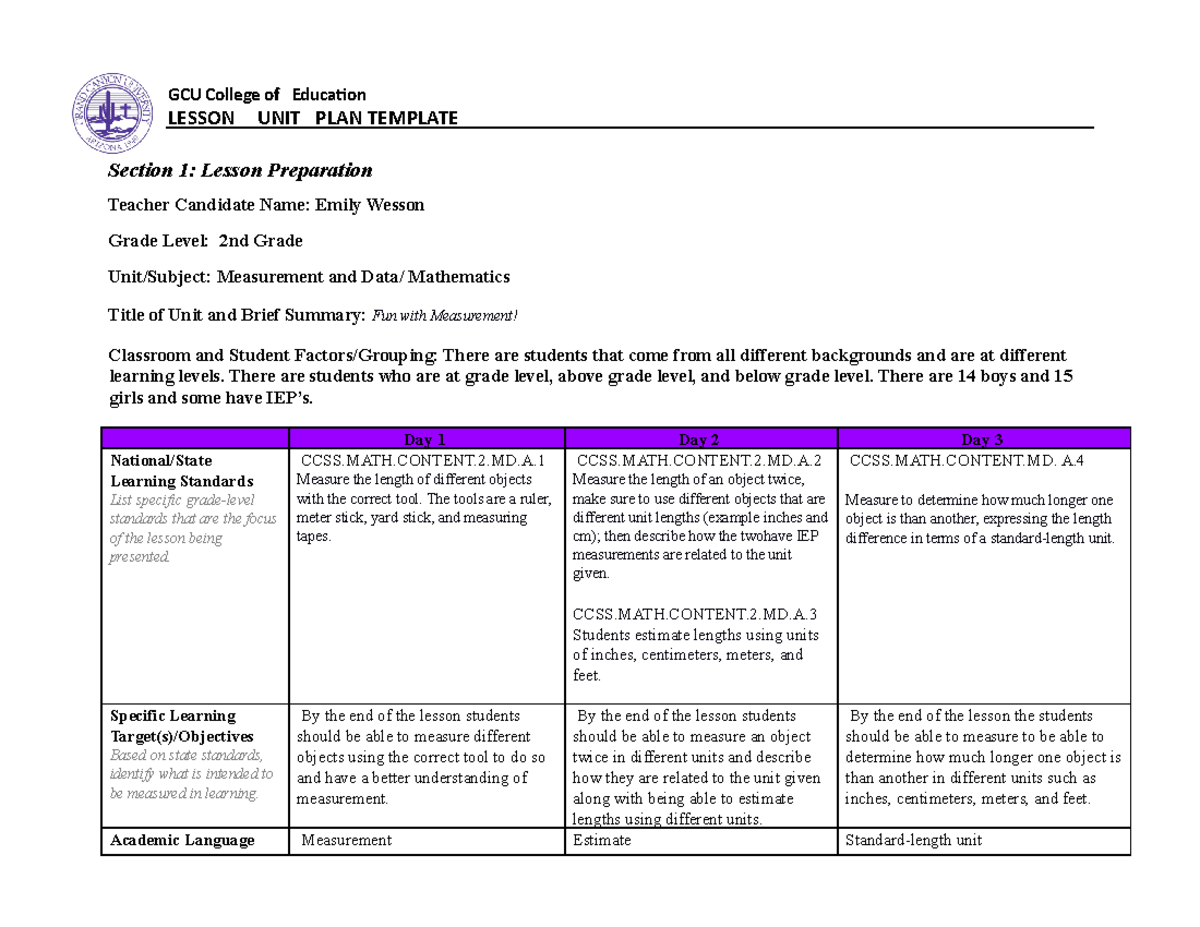 3 Day Unit Plan EMW - This is one of the assignments we had to complete ...