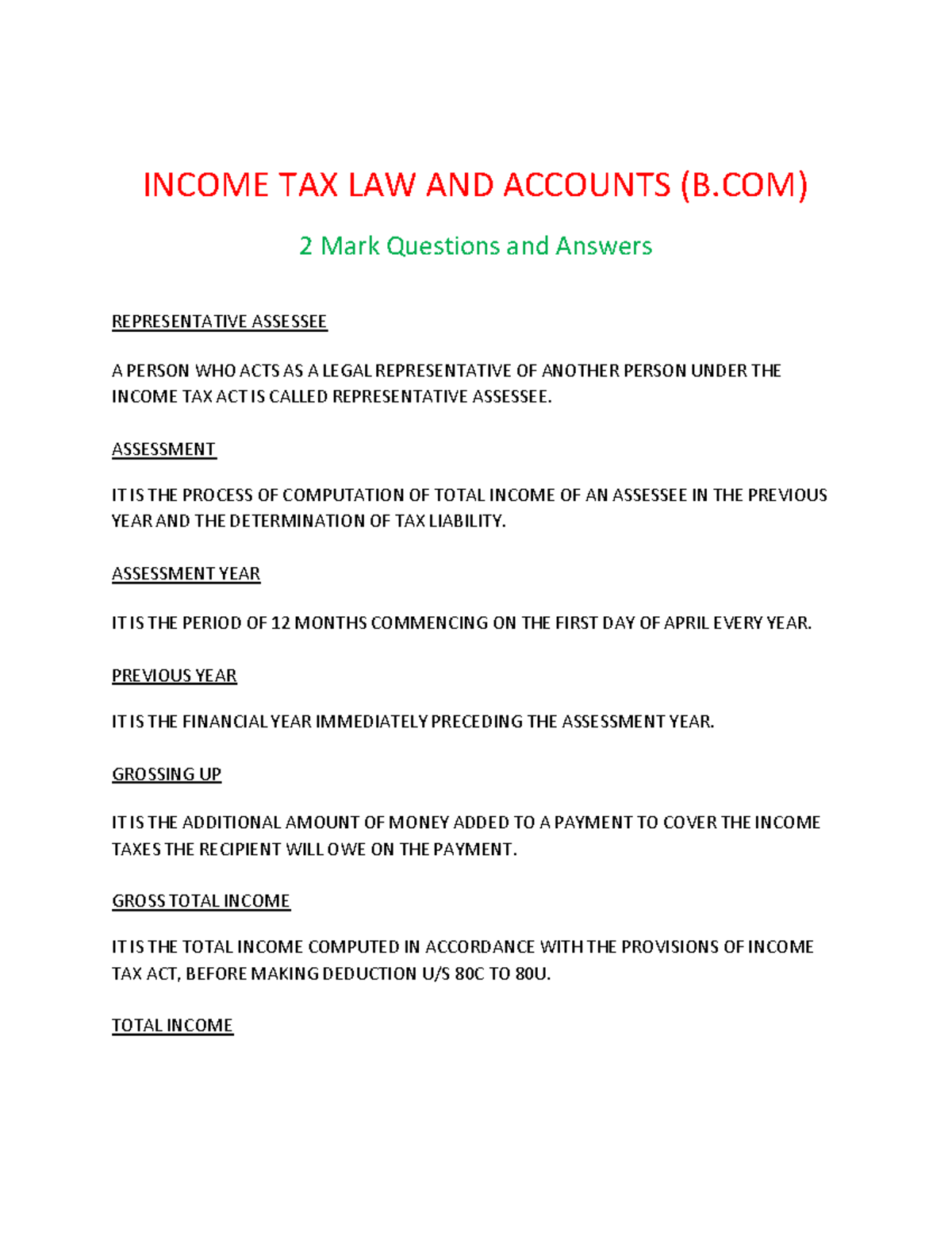 Income TAX LAW AND Accounts 2 - INCOME TAX LAW AND ACCOUNTS (B) 2 Mark ...