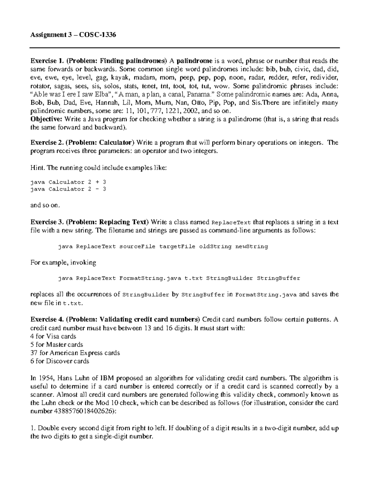 Assignment 3 - summer 2011 - COSC-1336-01 - Introduction in Java - StuDocu