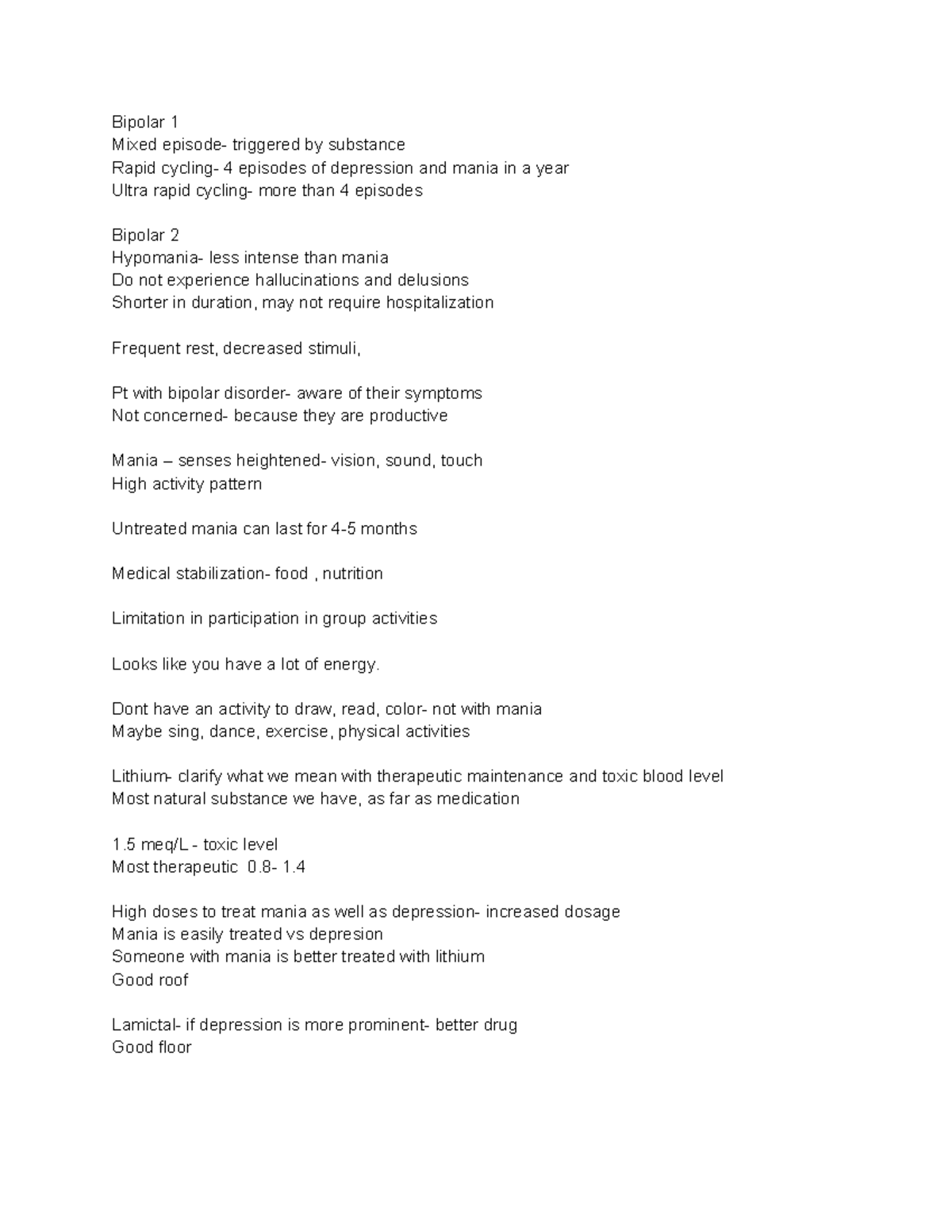 Week 6 nurs 222 - Nurse notes for nurs 222 - Bipolar 1 Mixed episode ...