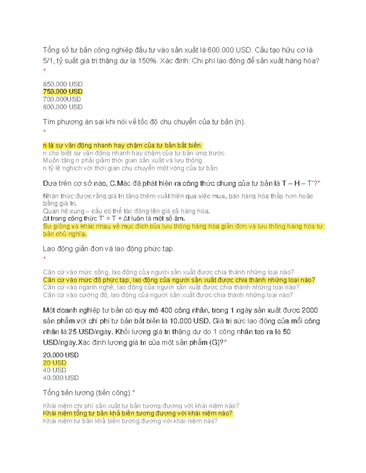 đề-gk-ktct - sos - Tổng số tư bản công nghiệp đầu tư vào sản xuất là 600 USD. Cấu tạo hữu cơ là ...