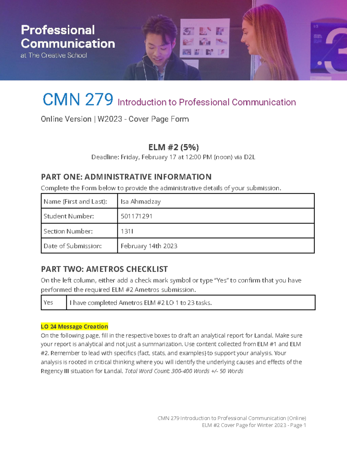 CMN 279 (Online) ELM #2 Cover Page Form - Winter 2023 - CMN 279 ...