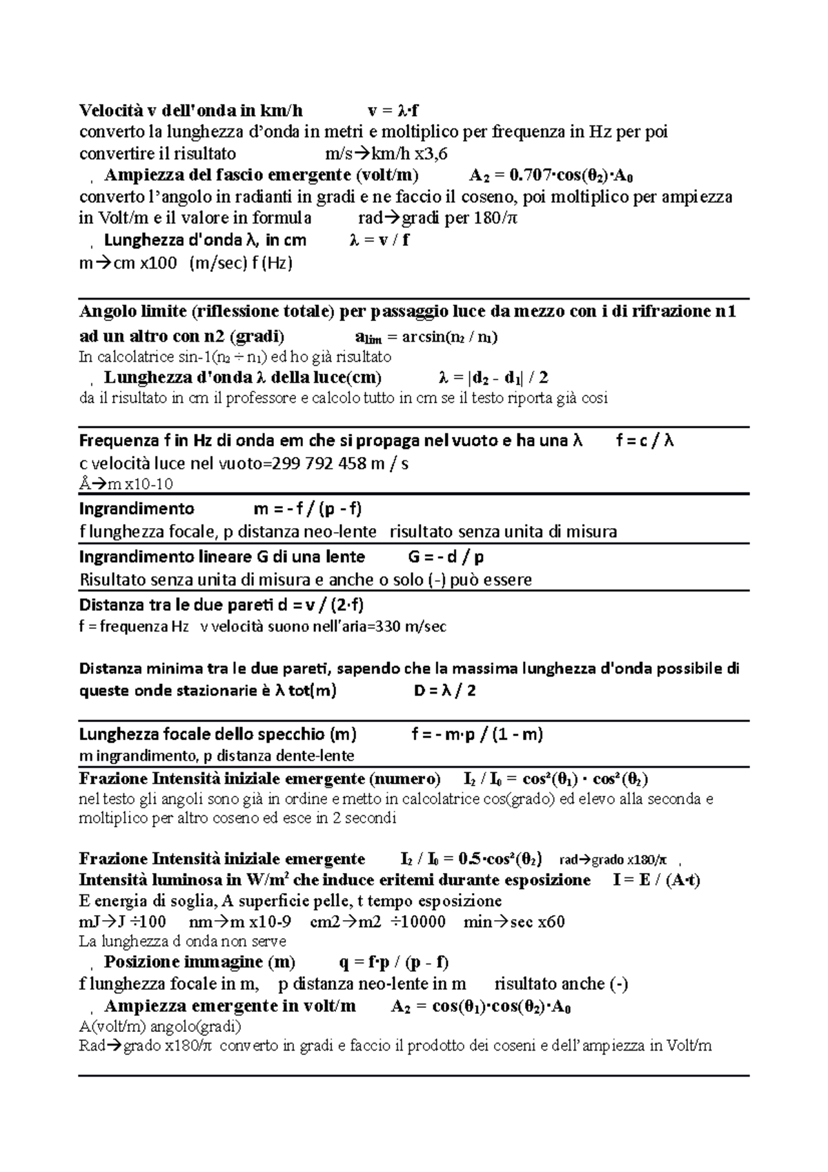 Formule ottica - scritto formjle - Velocità v dell'onda in km/h v = λ·f ...