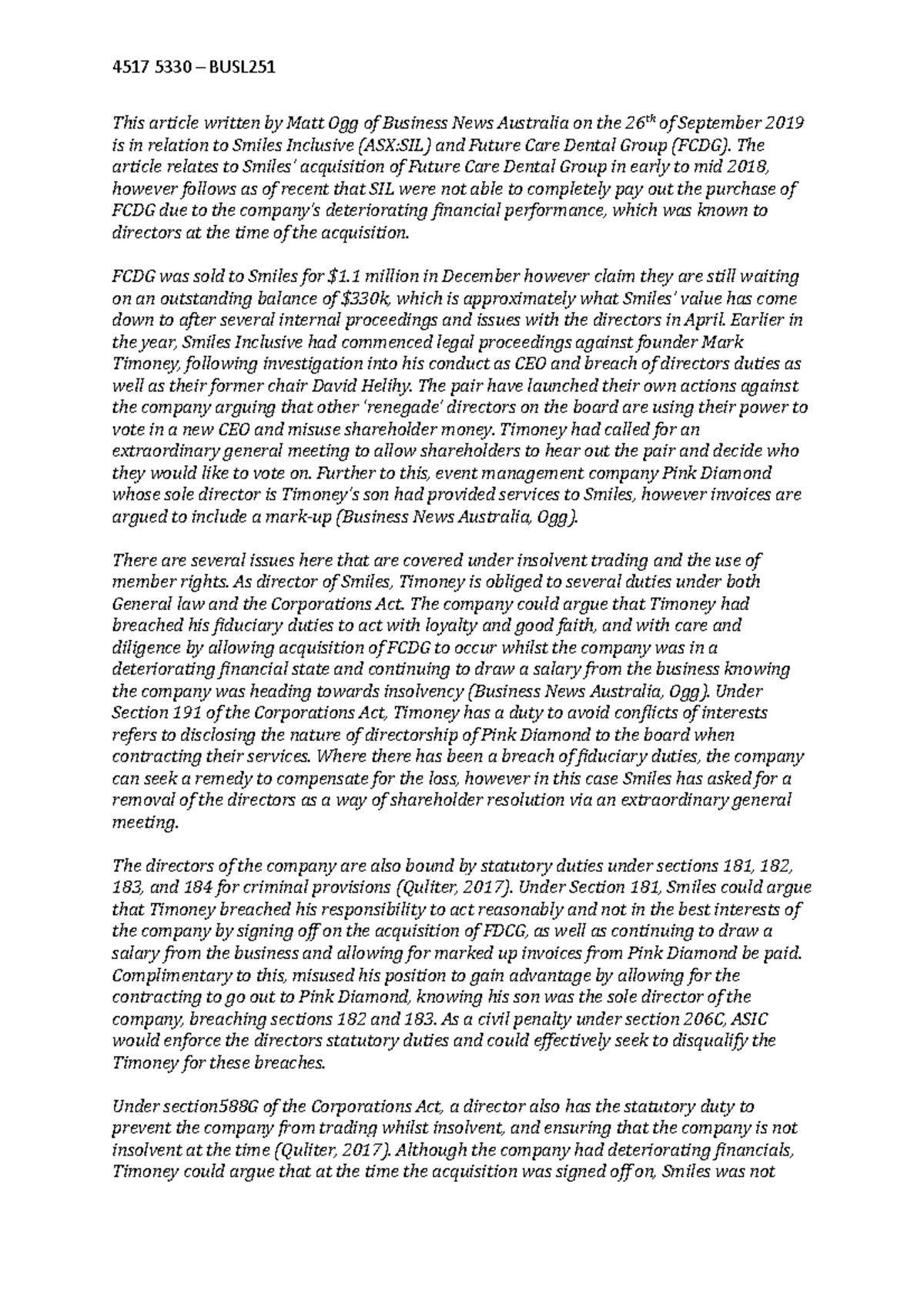 BUSL251 Media Assignment - 4517 5330 – BUSL This article written by ...