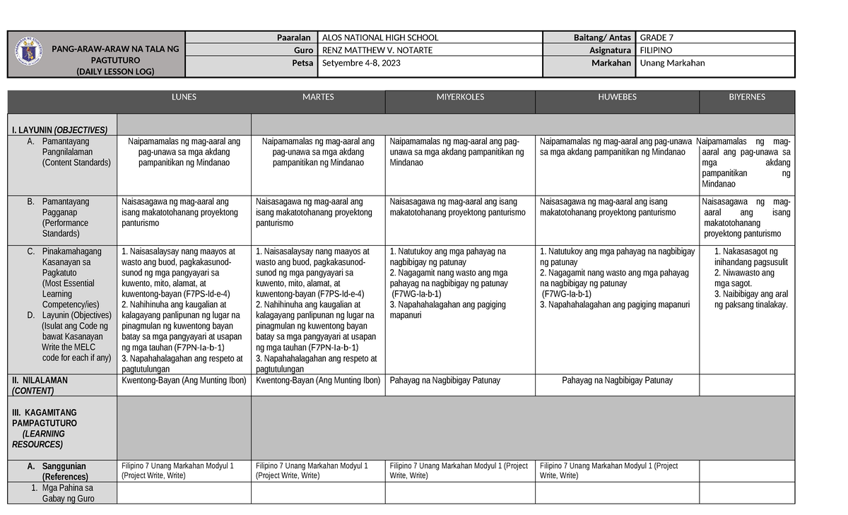 2022-2023 DLL Filipino QI-WK2 - PANG-ARAW-ARAW NA TALA NG PAGTUTURO (DAILY LESSON LOG) Paaralan ...