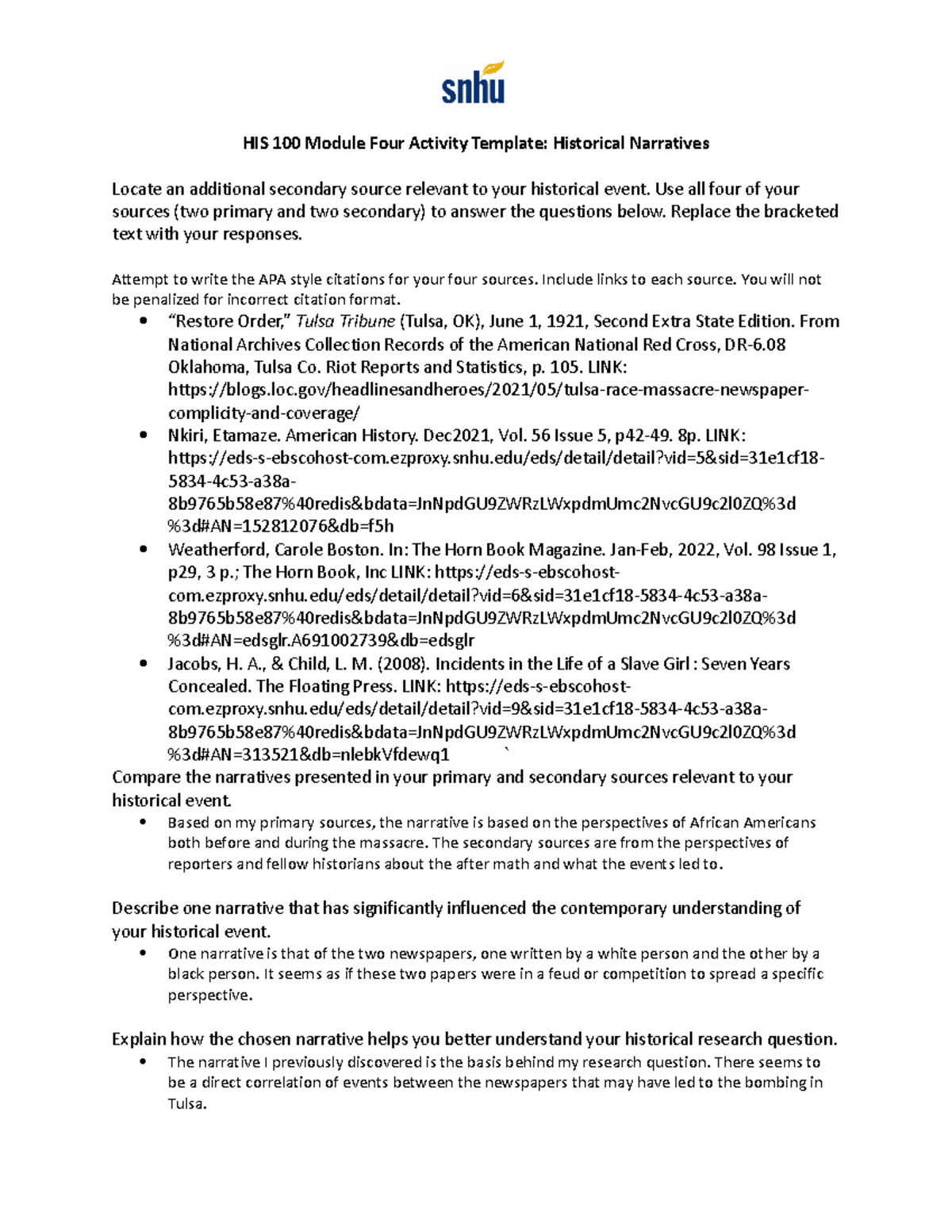 HIS 100 Module Four Activity Narratives Template - HIS100 - SNHU - Studocu