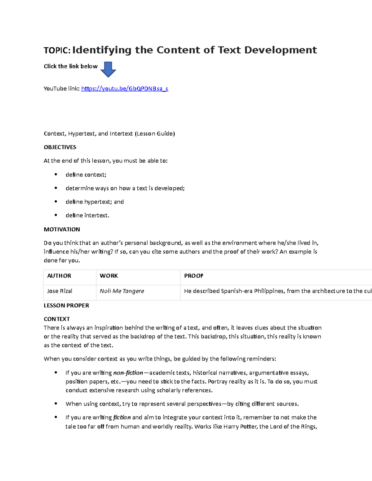 Context - notes - TOPIC: Identifying the Content of Text Development ...