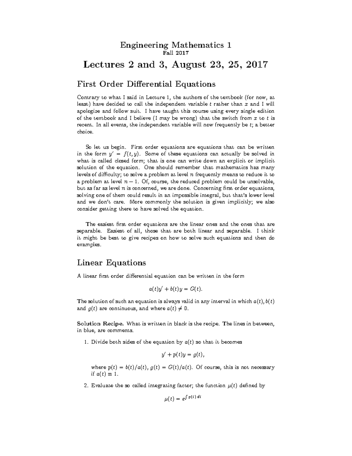 Lecture notes 2 and 3 - Engineering Mathematics 1 Fall 2017 Lectures 2 ...
