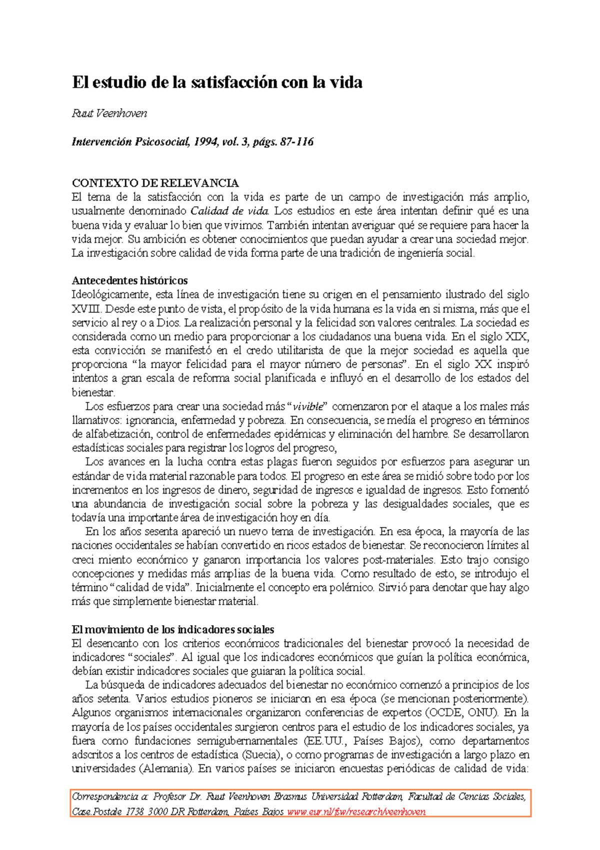 Veenhoven - Naj - El estudio de la satisfacción con la vida Ruut ...