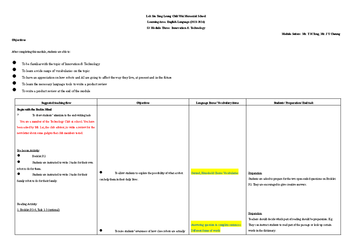 2023-2024 S3 Module 3 (IT) teaching plan - Lok Sin Tong Leung Chik Wai ...
