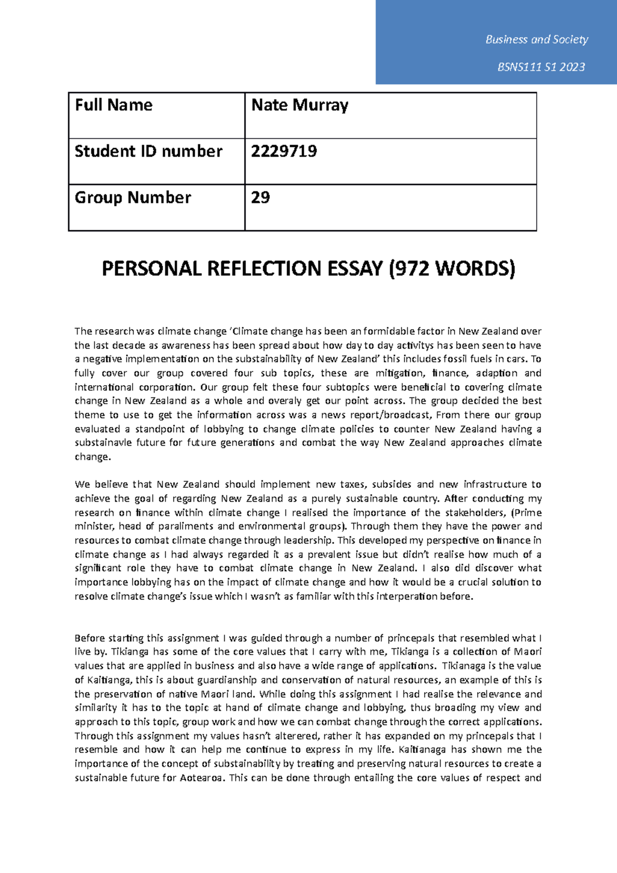 BSNS111 S1 2023 -Individual reflection template - Full Name Nate Murray ...