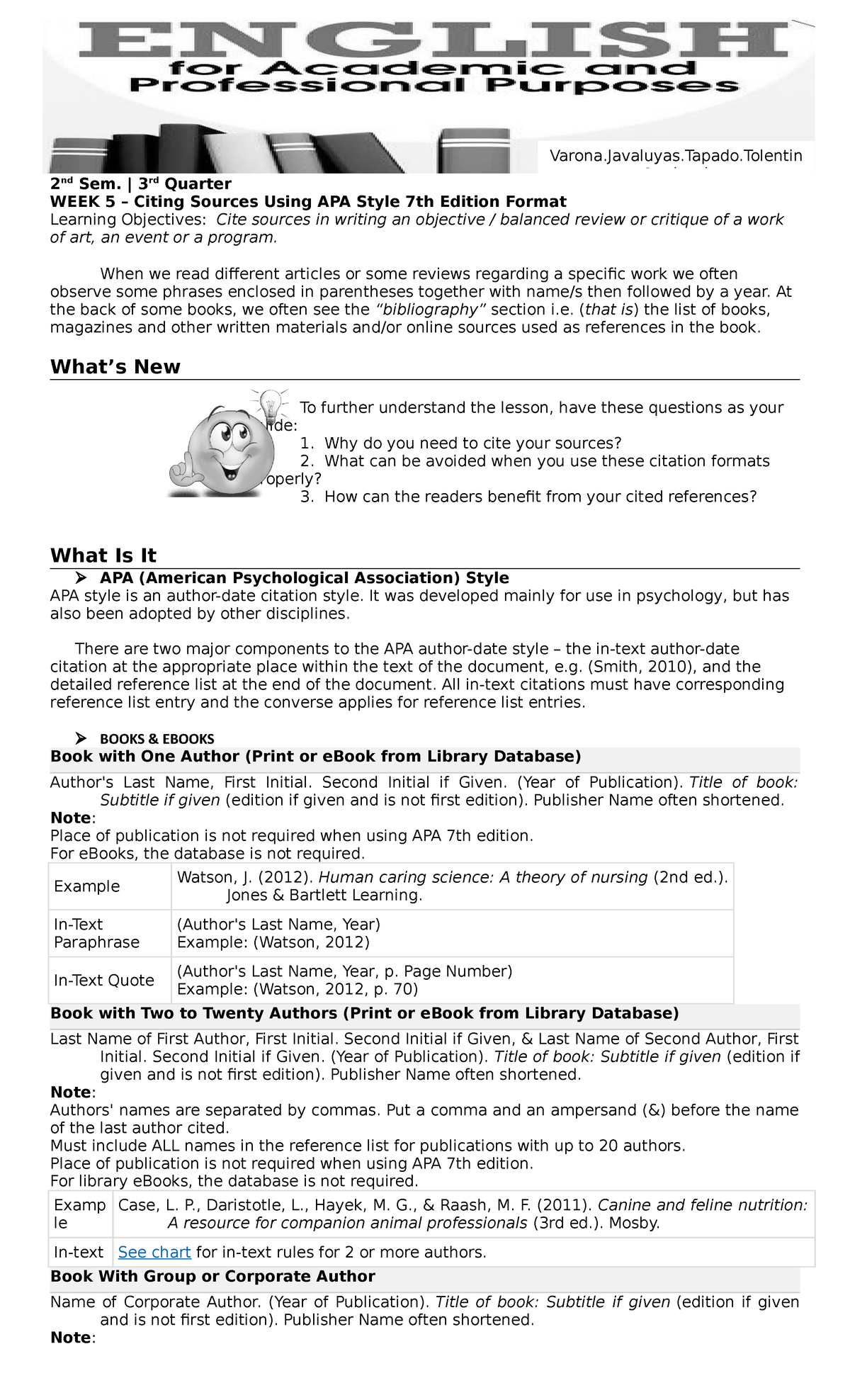 3-3rd-Qrt - Helpful notes - 2 nd Sem. | 3rd Quarter WEEK 5 – Citing ...