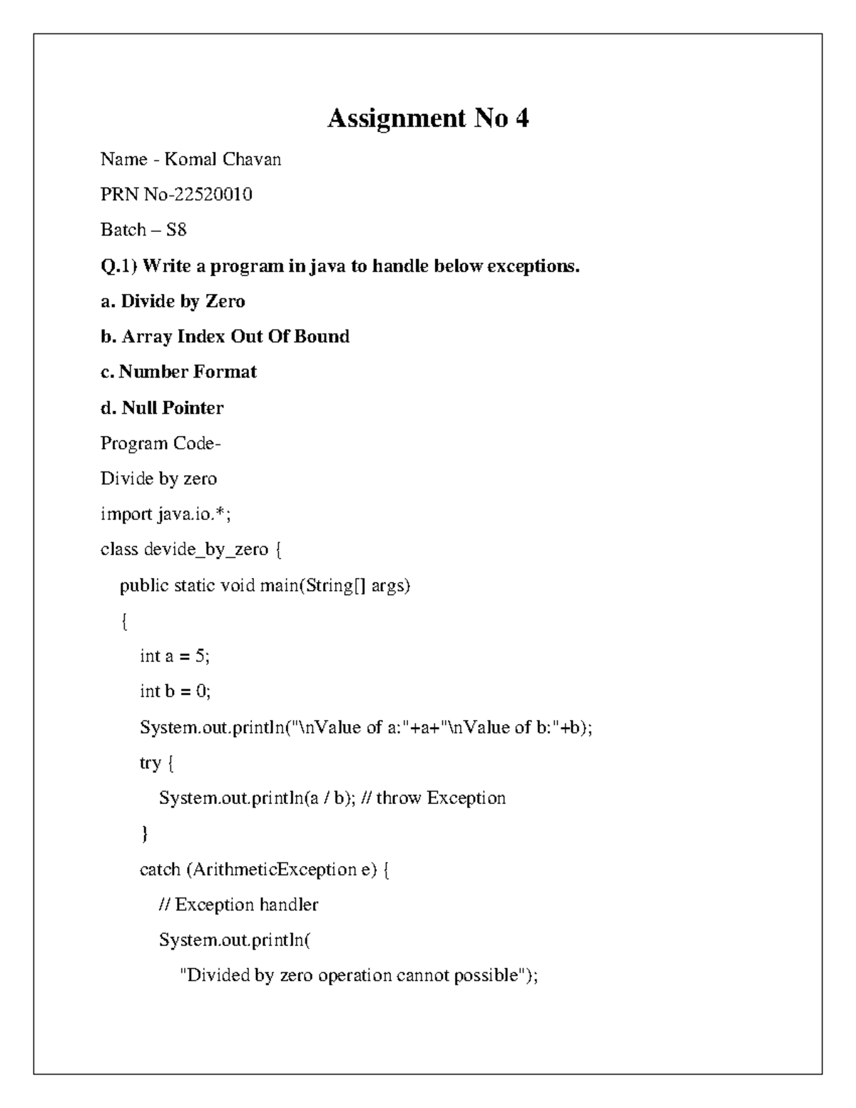 Assignment No 4 - a. Divide by Zero b. Array Index Out Of Bound c ...