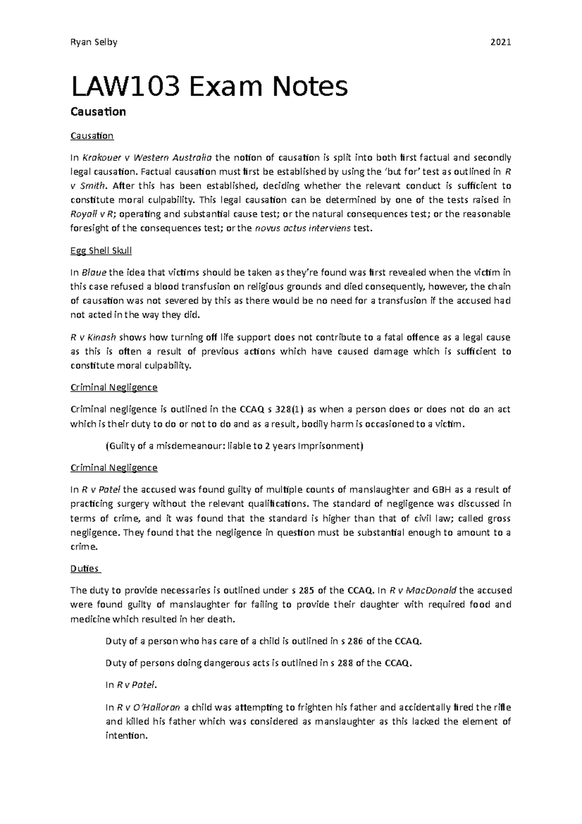 LAW103 Exam Notes - LAW103 Exam Notes Causation Causation In Krakouer v ...