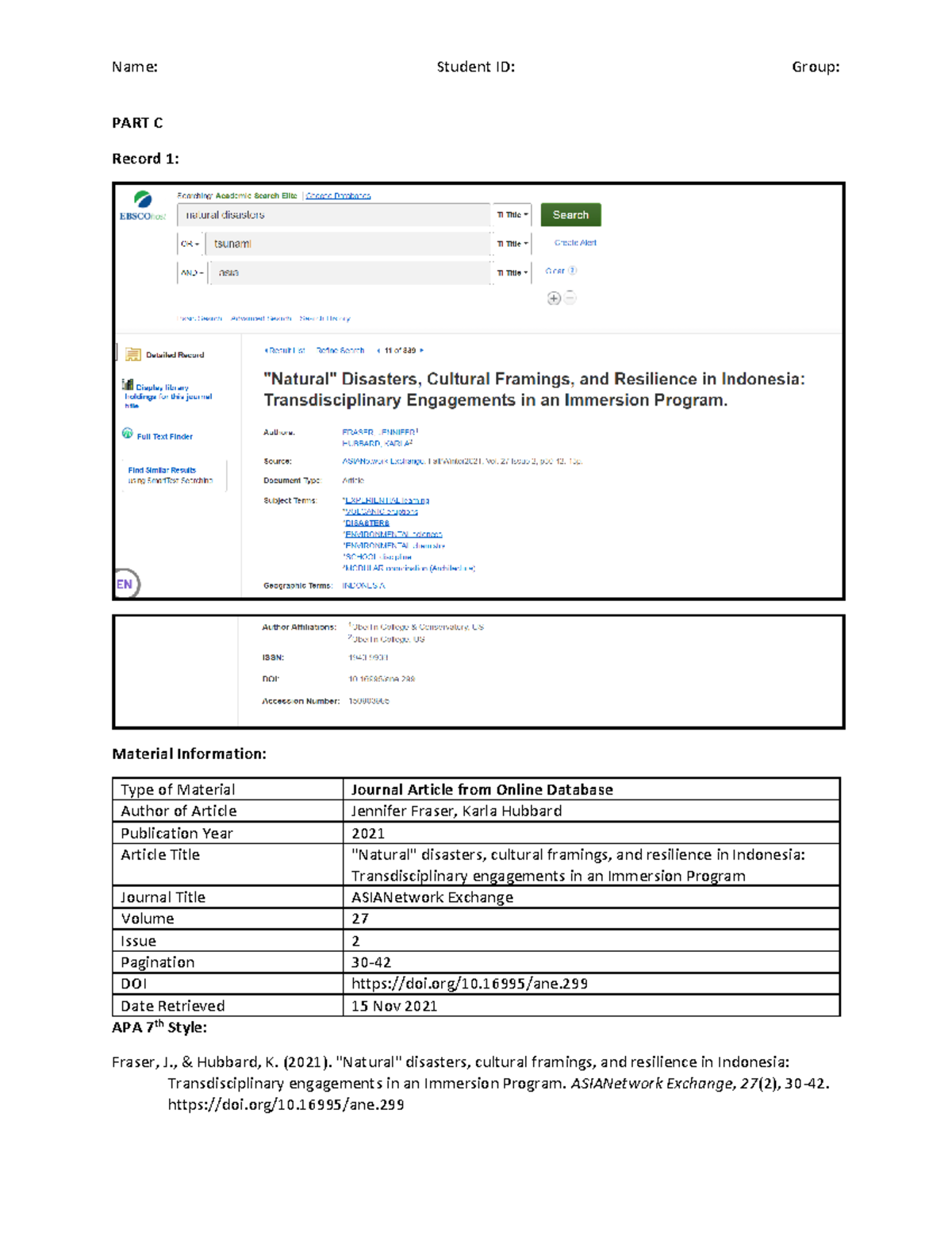 Coursework Part C Example - PART C Record 1: Material Information: Type ...