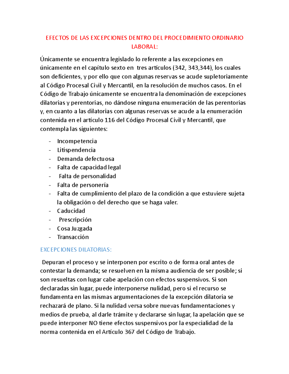 Efectos DE LAS Excepciones Dentro DEL Procedimiento Ordinario Laboral ...