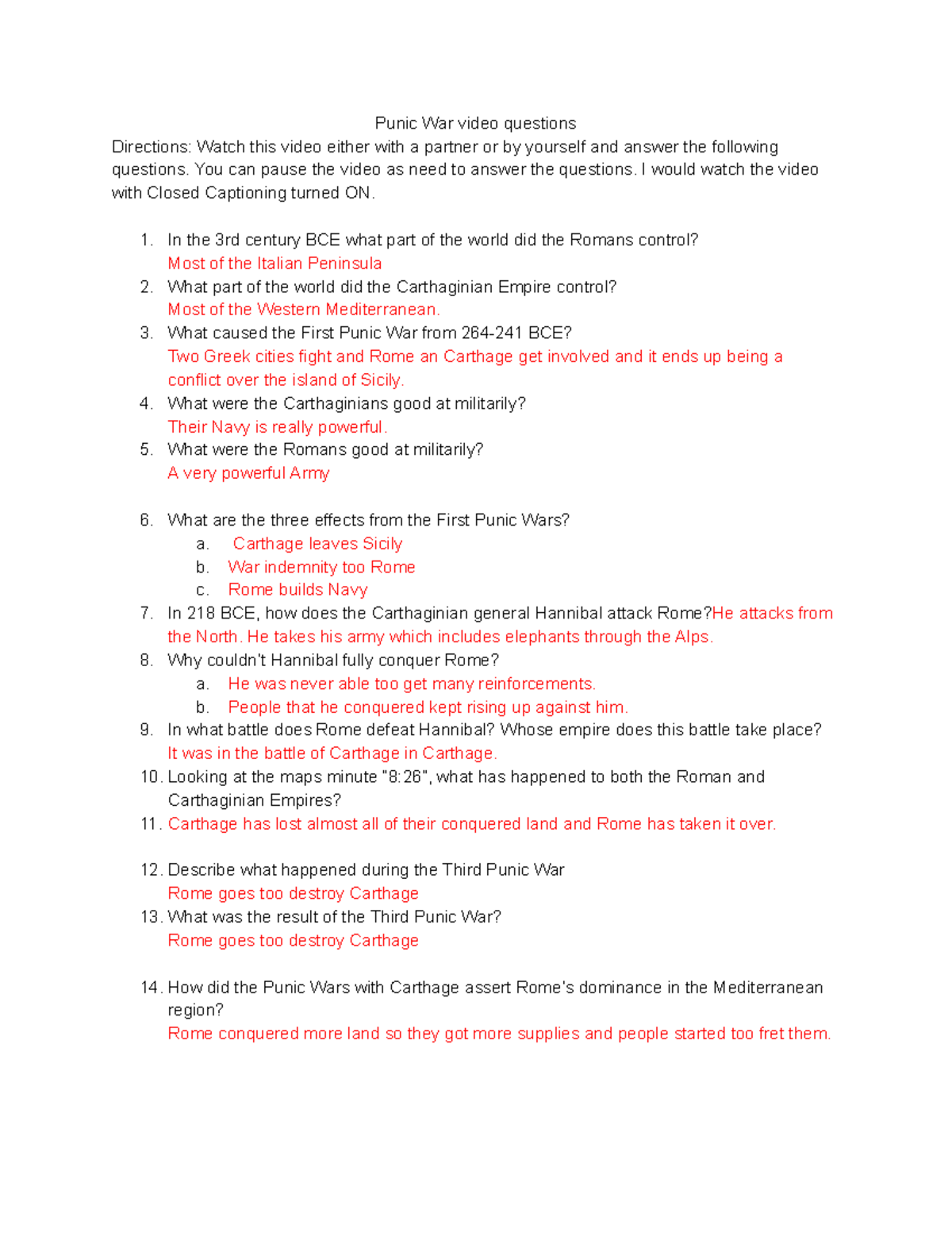 Punic War Video Questions - Punic War video questions Directions: Watch ...
