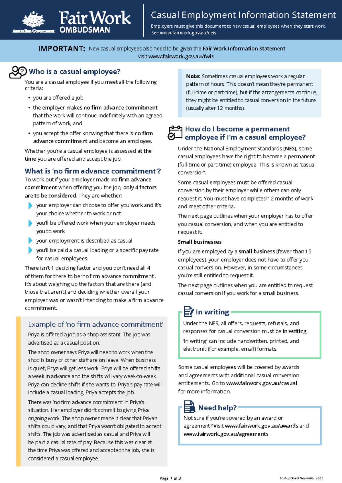 Casual employment information statement Nov 22 - Casual Employment ...