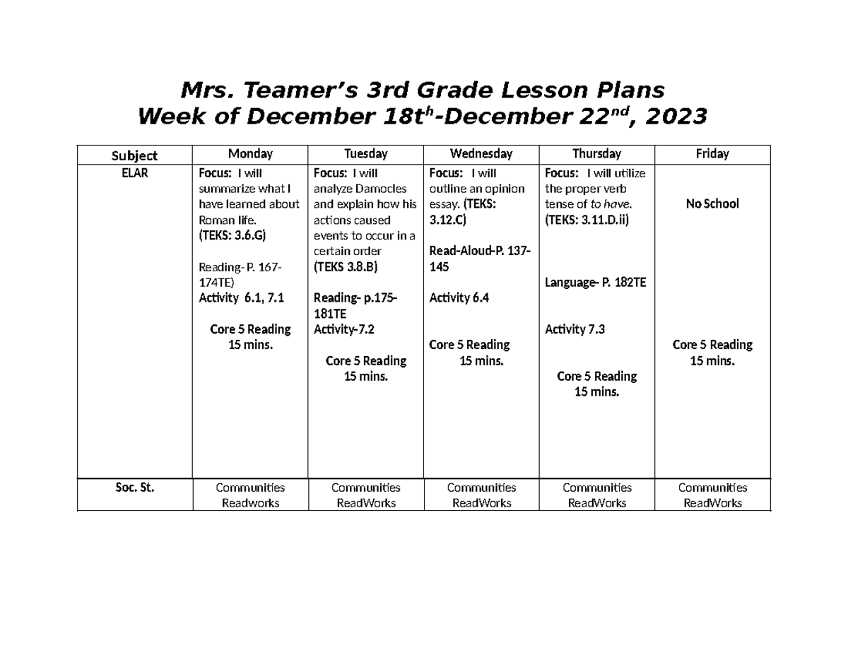 Lesson plans 12-18 to 12-22 - Mrs. Teamer’s 3rd Grade Lesson Plans Week ...