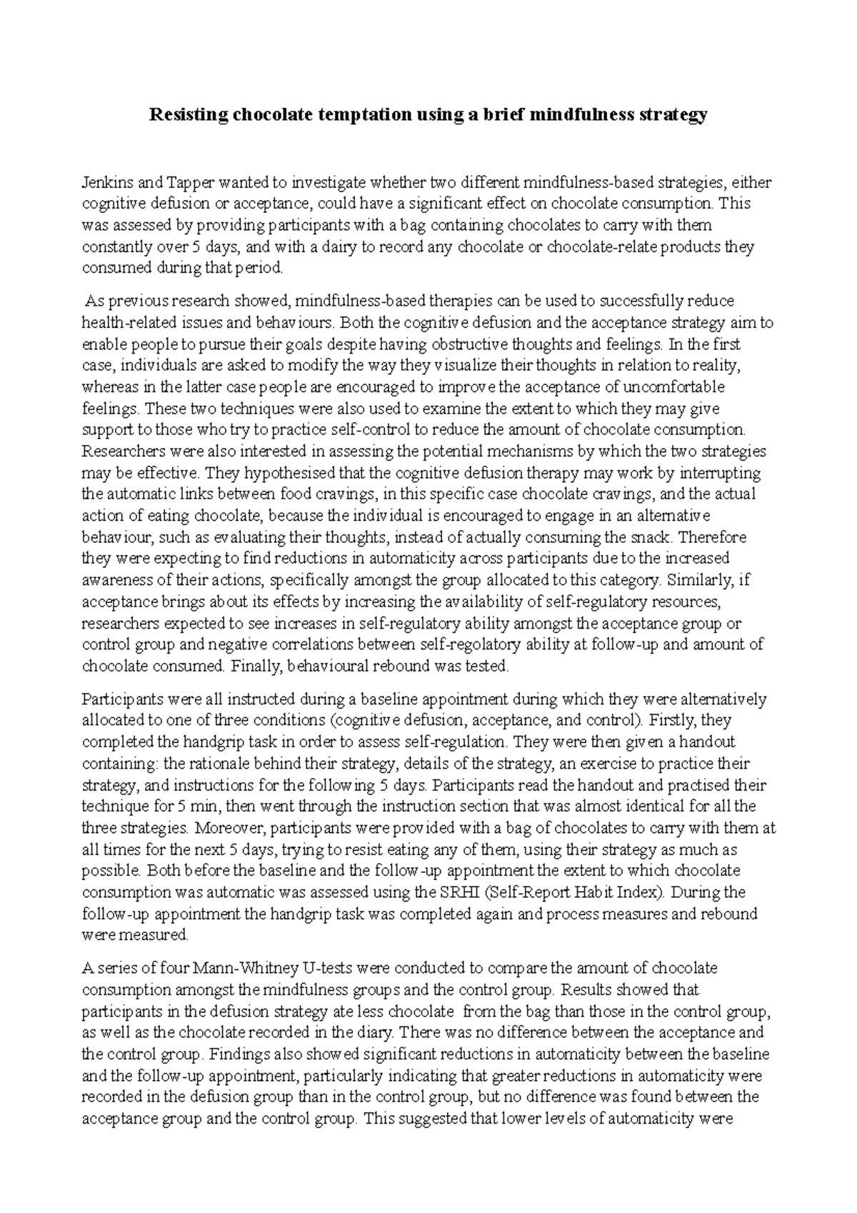 Summary - Resisting chocolate temptation using a brief mindfulness ...