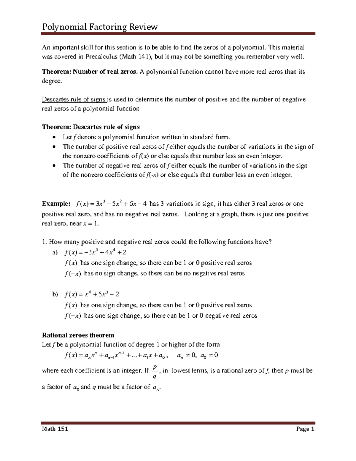Polynomial Factoring Review - This material was covered in Precalculus ...