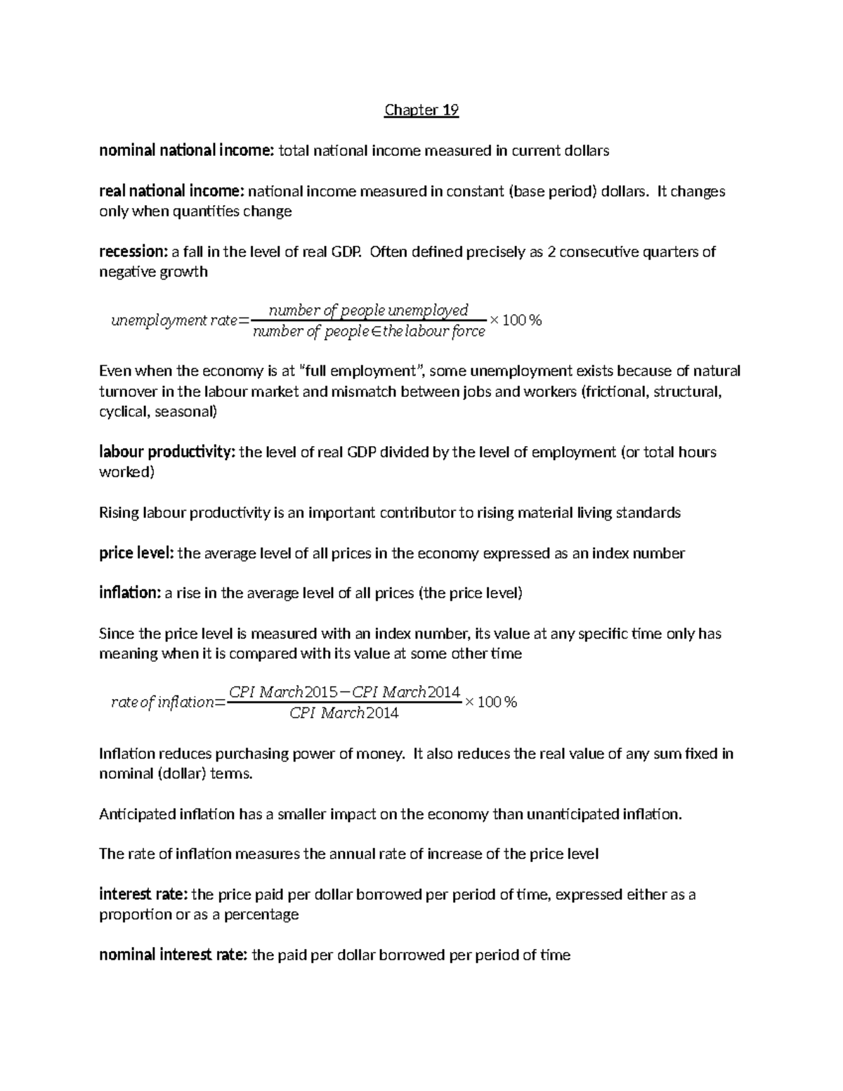EC140 Midterm 2 Notes - Chapter 19 nominal national income: total ...