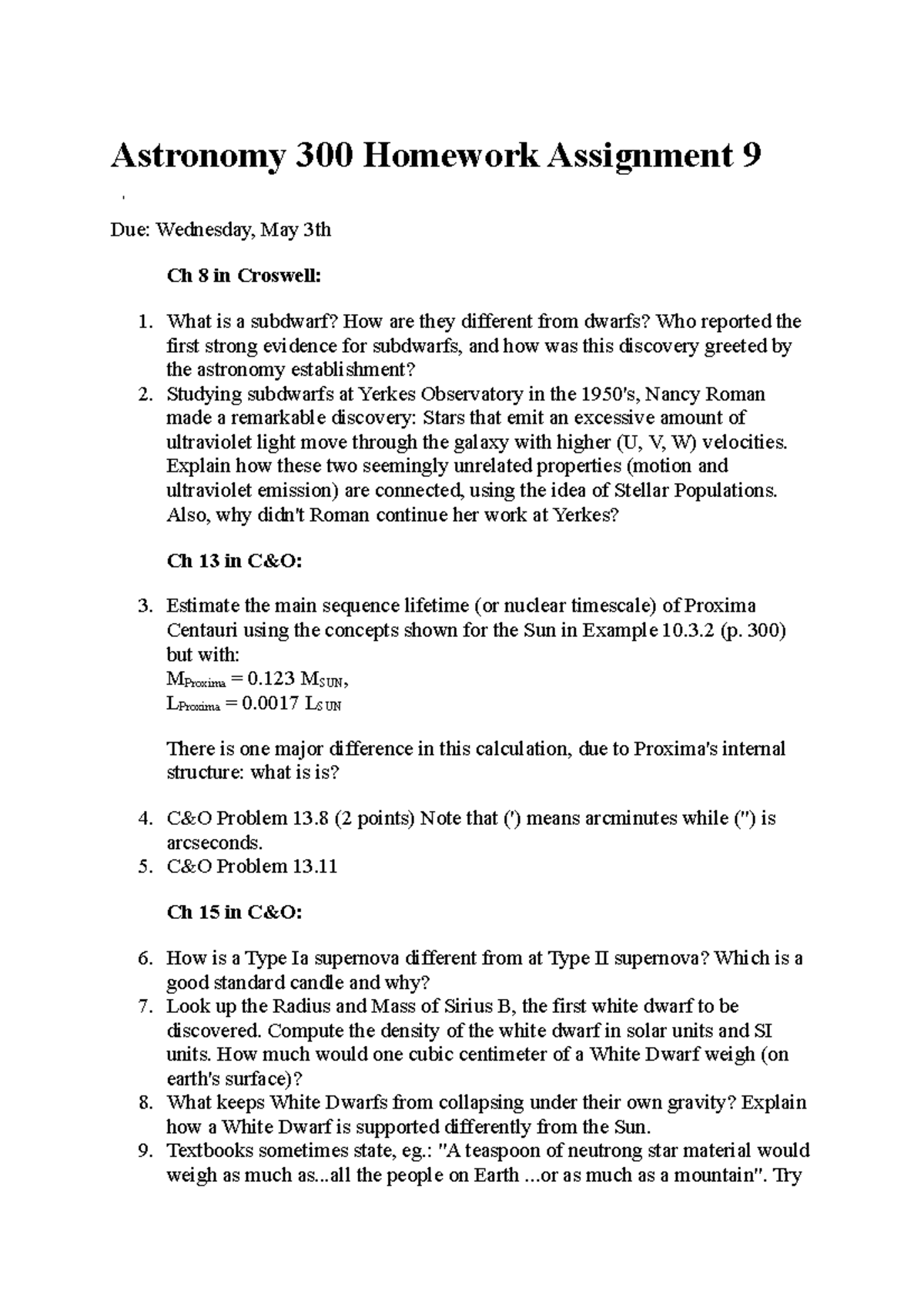 Astronomy 300 Homework Assignment 9 - Astronomy 300 Homework Assignment ...