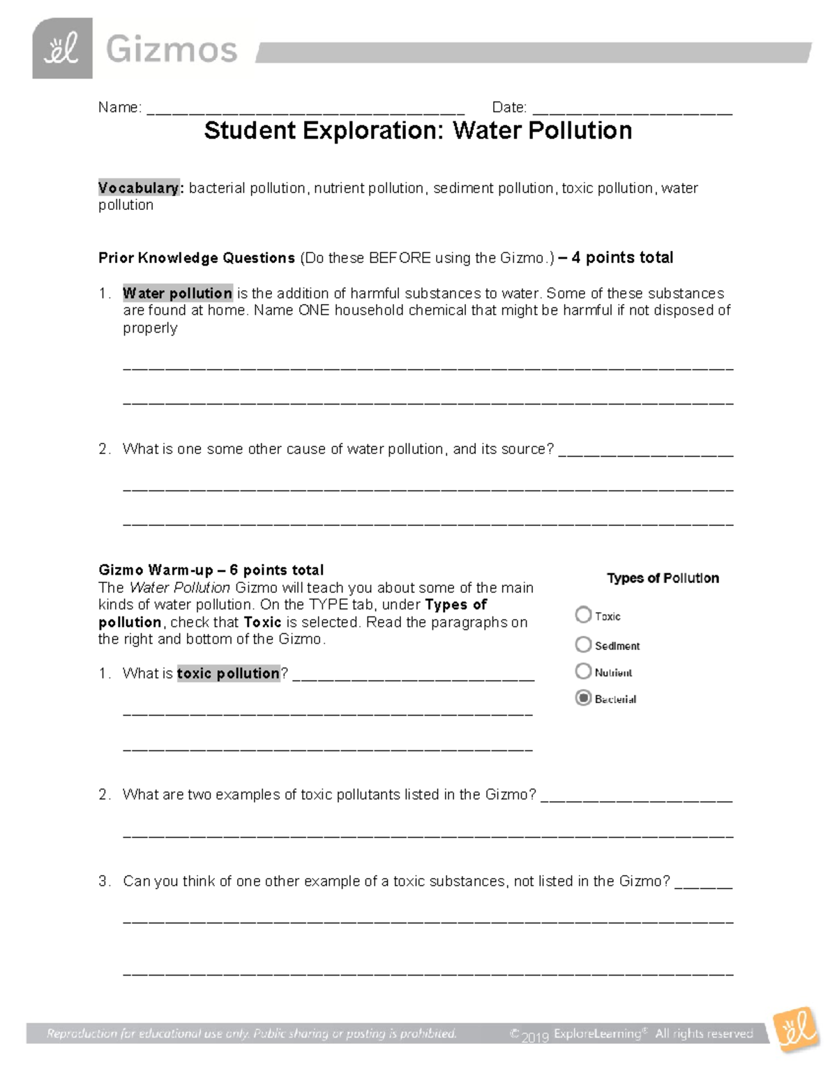Gizmos - Water Pollution - student worksheet - Morris - Name