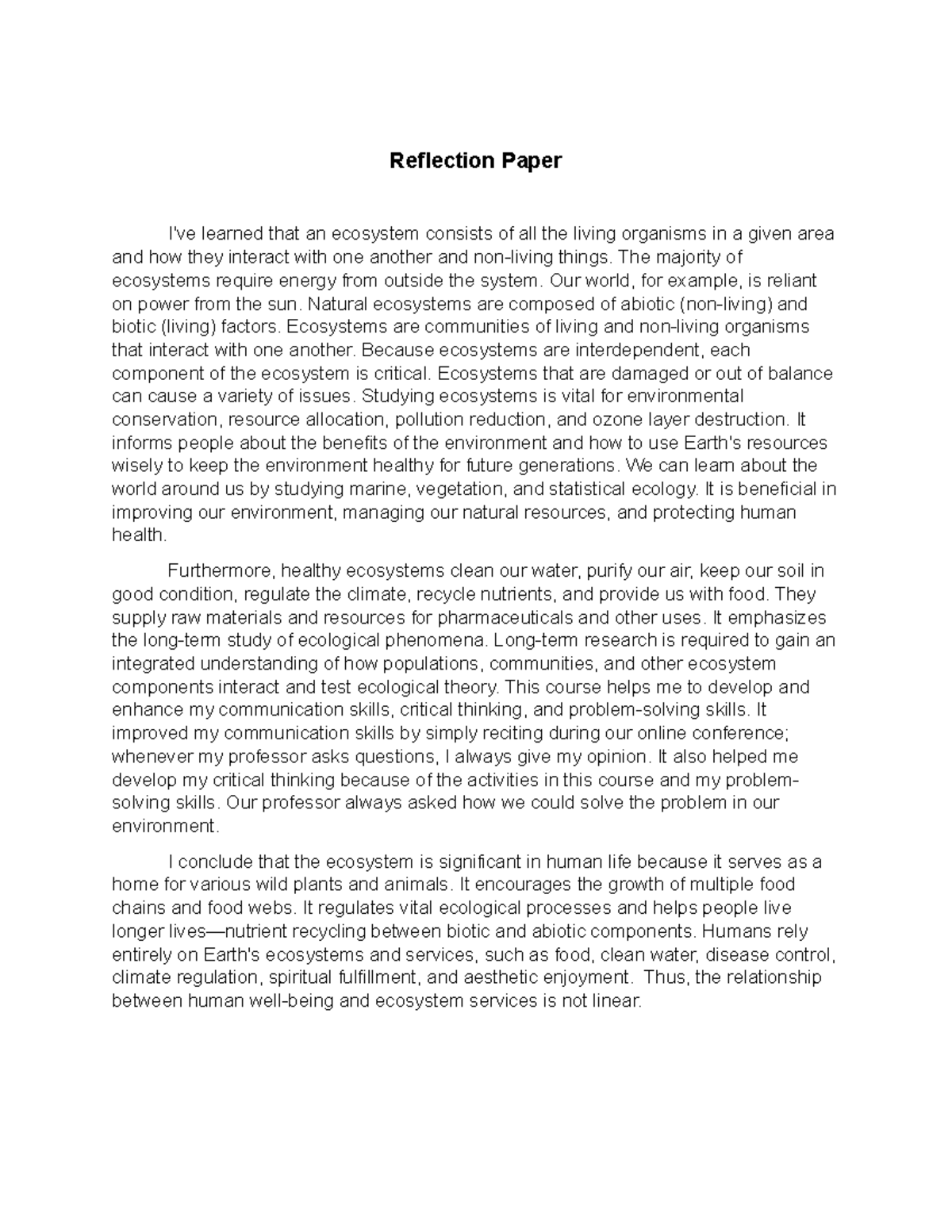 Reflection Paper Reflection Paper I ve Learned That An Ecosystem