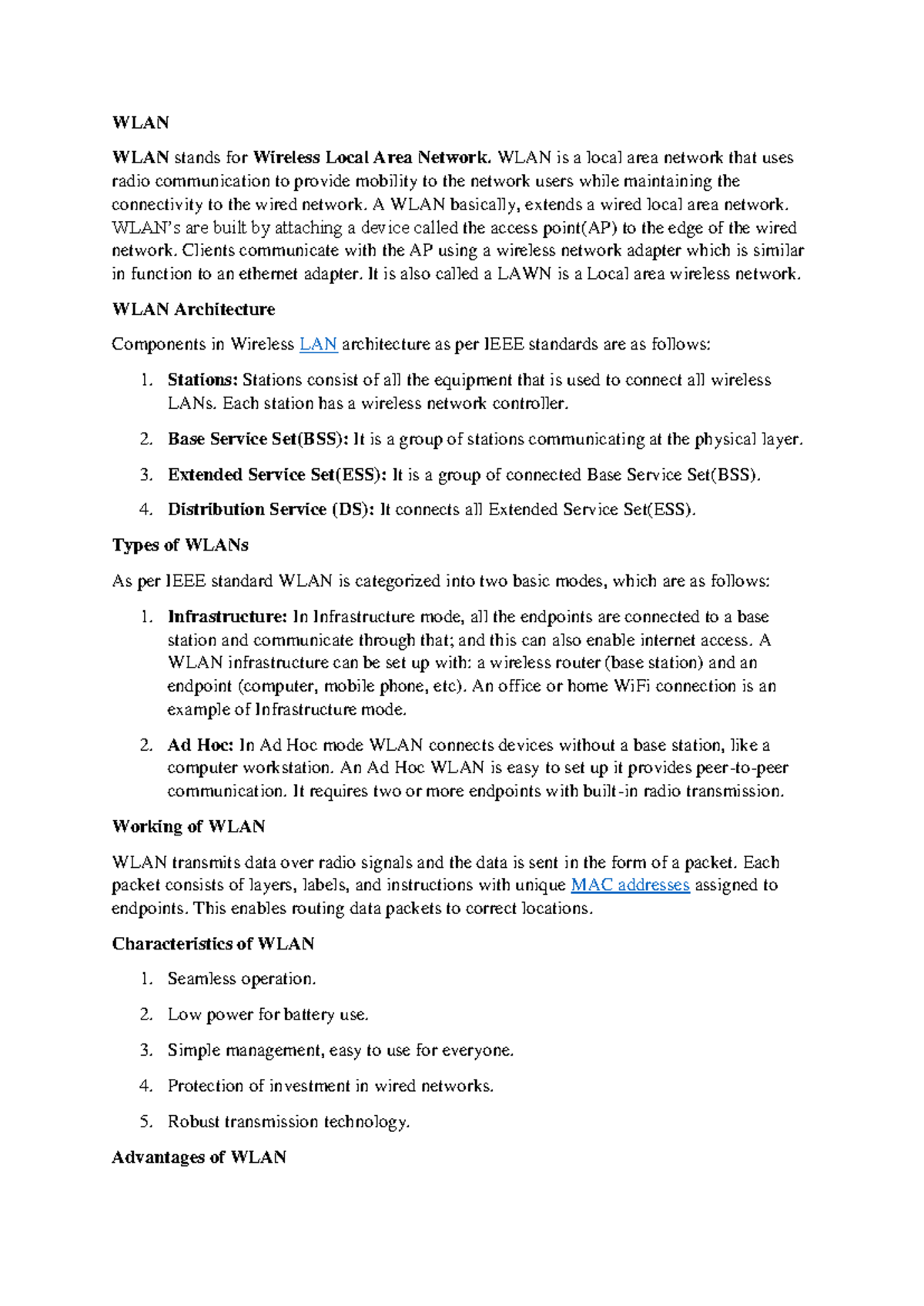 Unit-VI - WLAN WLAN stands for Wireless Local Area Network. WLAN is a ...