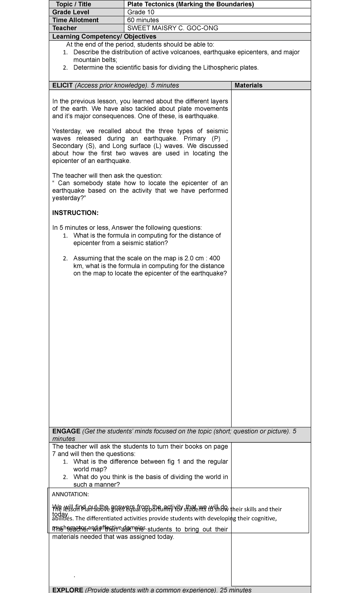 7E-lesson-Plate Tectonics for demo - ANNOTATION: The lesson Plan above ...
