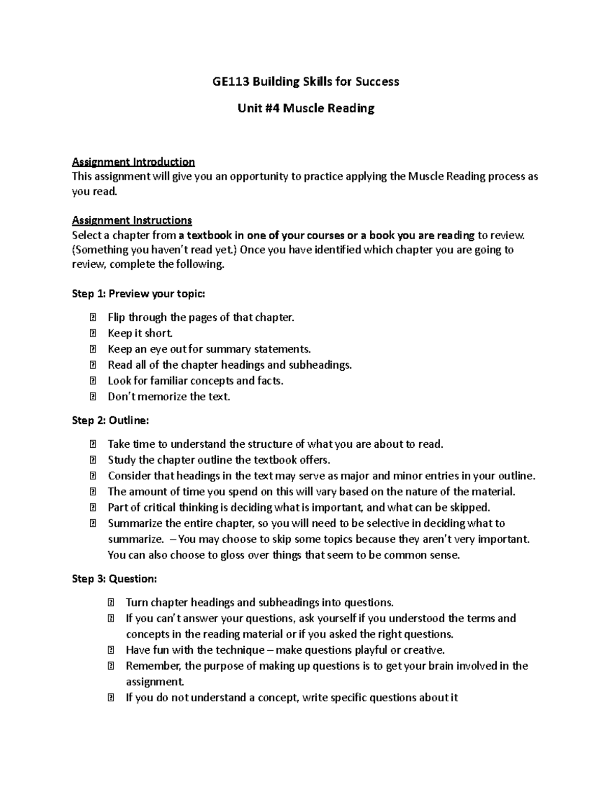 GE113 Unit 4 Muscle Reading - GE113 Building Skills for Success Unit #4 ...