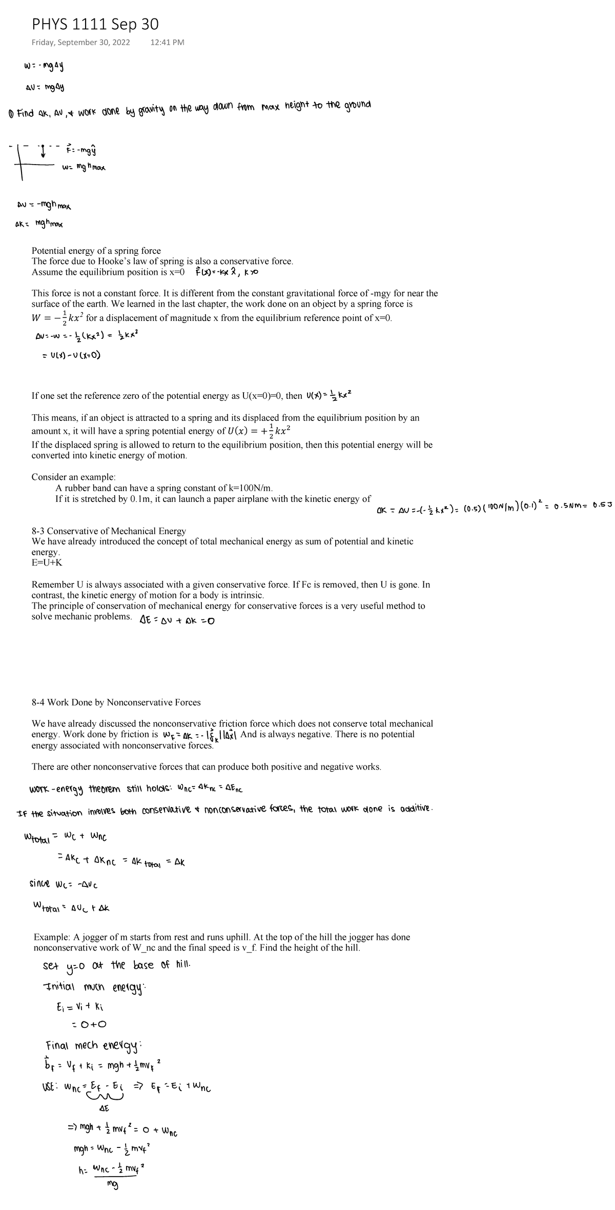 PHYS 1111 Sep 30 - KK Mon - Potential energy of a spring force The ...
