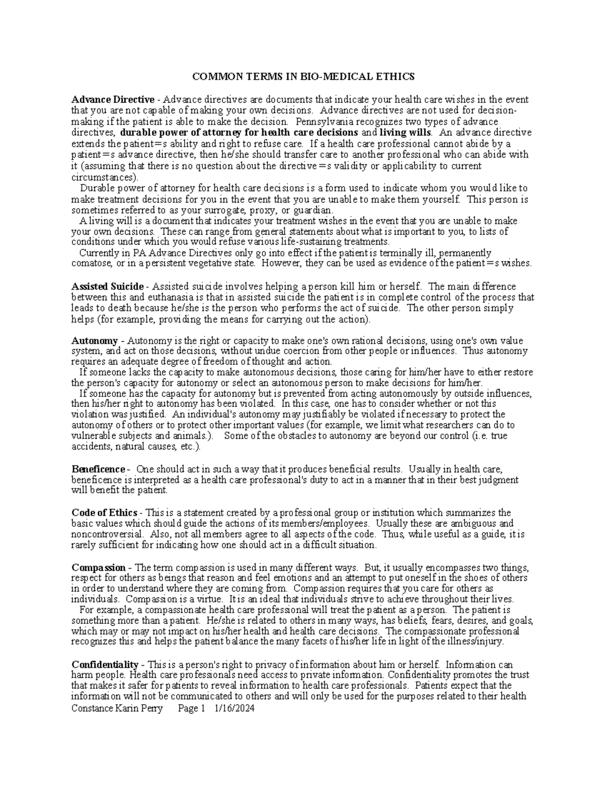 Biomedical ethics terms - COMMON TERMS IN BIO-MEDICAL ETHICS Advance ...