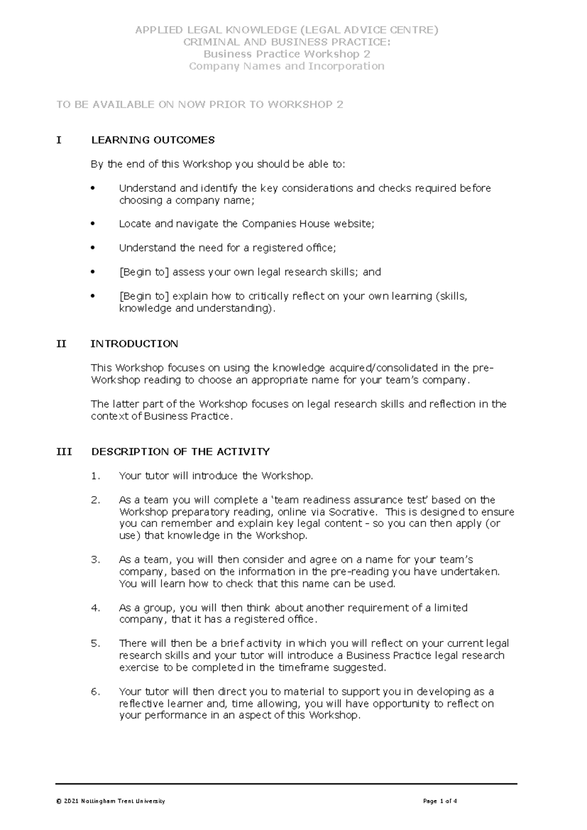 ALK BU W2 - Description - CRIMINAL AND BUSINESS PRACTICE: Business Practice Workshop 2 Company ...